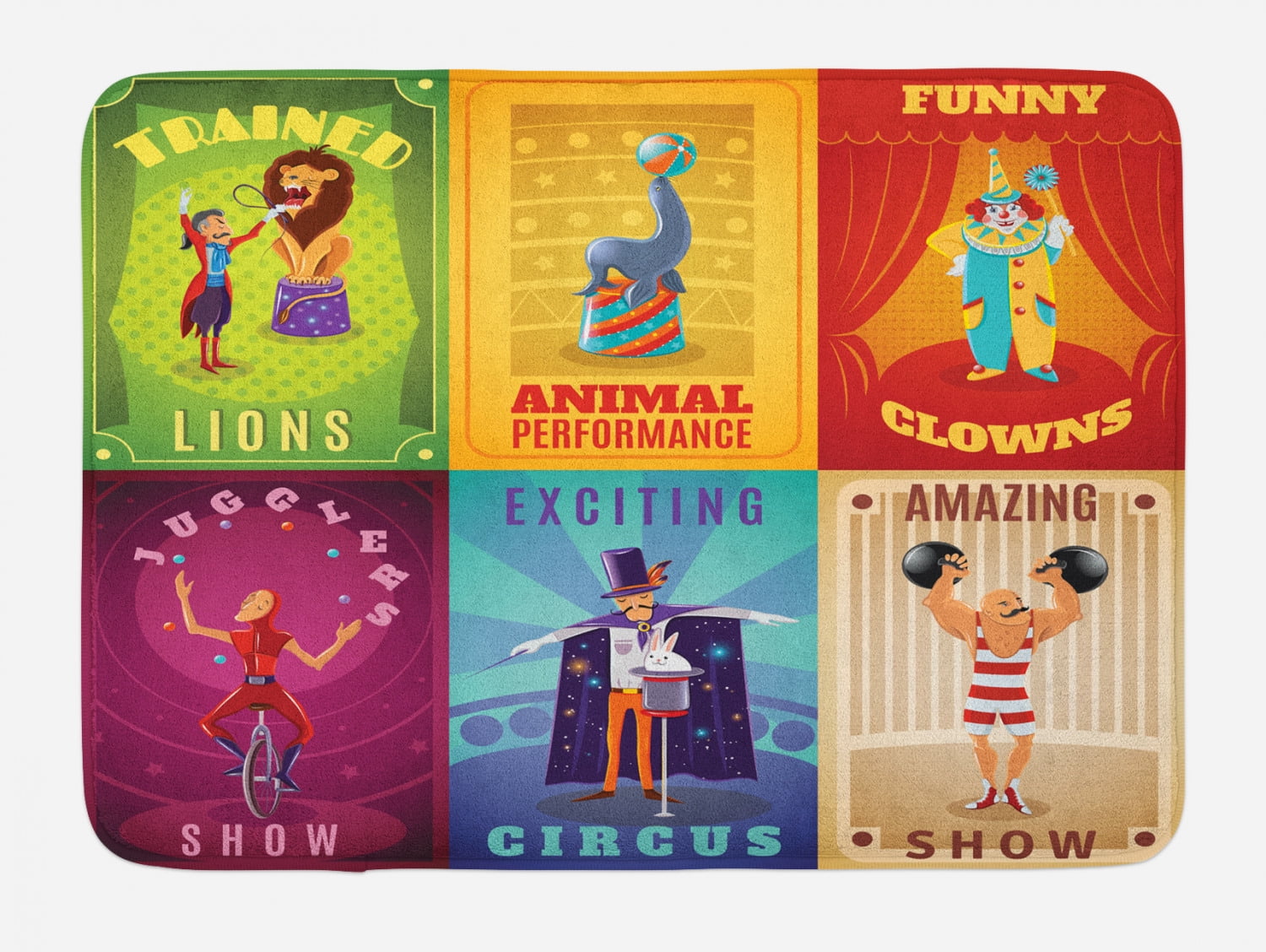 Circus Bath Mat, Circus Characters with Trained Animals Strong Man ...