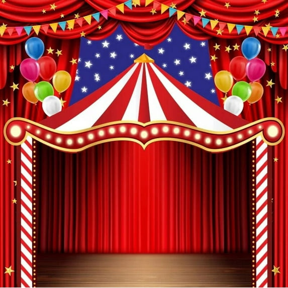 Circus Carnival Backdrop Cartoon Red Curtain Balloons Stars Baby Shower ...