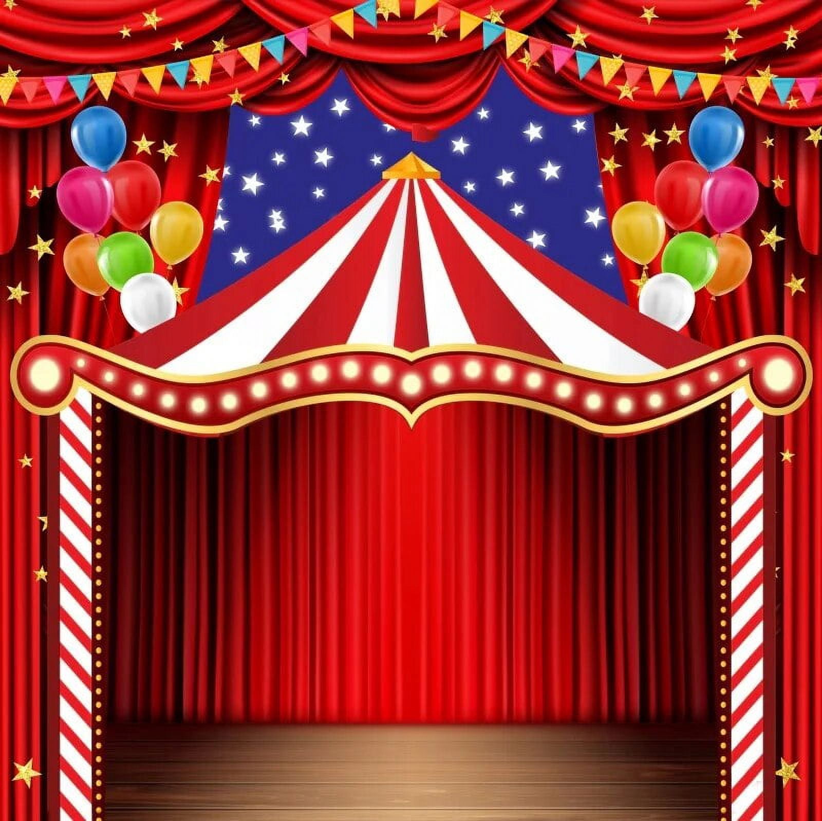 Circus Carnival Backdrop Cartoon Red Curtain Balloons Stars Baby Shower ...