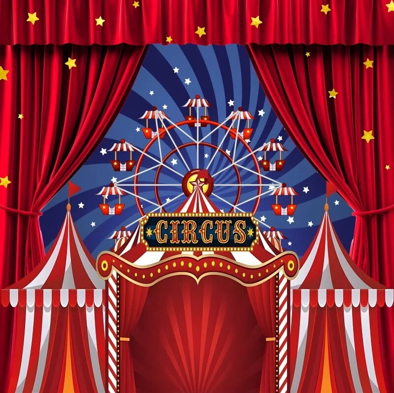 Circus Carnival Backdrop Cartoon Red Curtain Balloons Stars Baby Shower ...