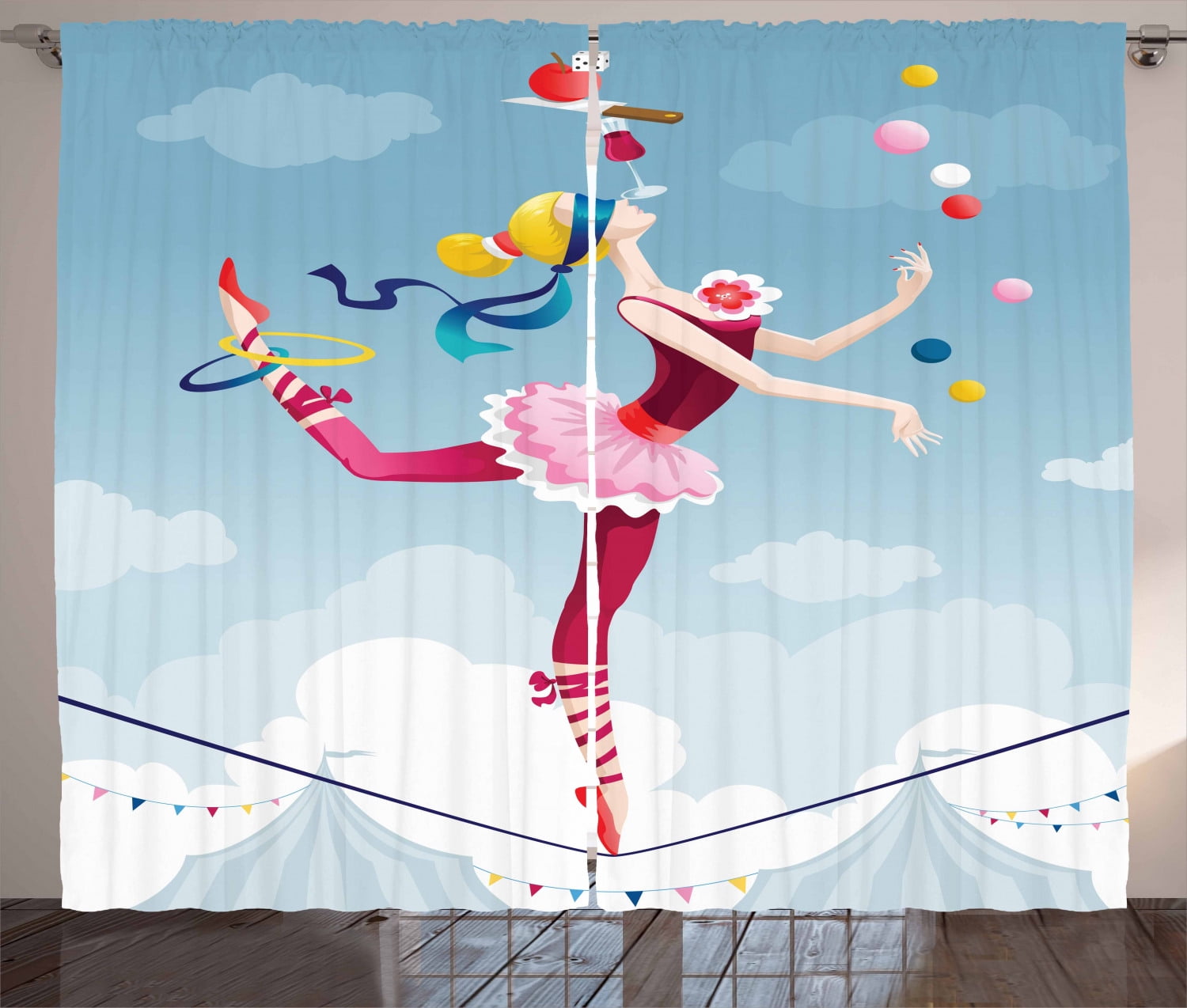 Ambesonne Circus Curtains 2 Panel Set, Juggler Woman Trapeze, 108" x 96 ...