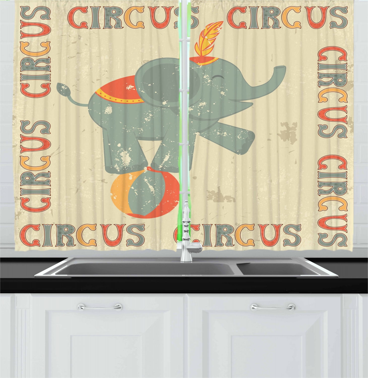 Circus Curtains 2 Panels Set, Happy Smiling Circus Elephant Performing ...