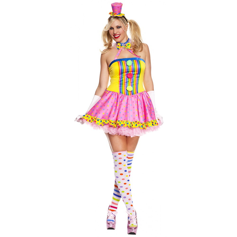 Circus Cutie Clown Adult Costume - Colorful Halter Dress with Mini Hat ...