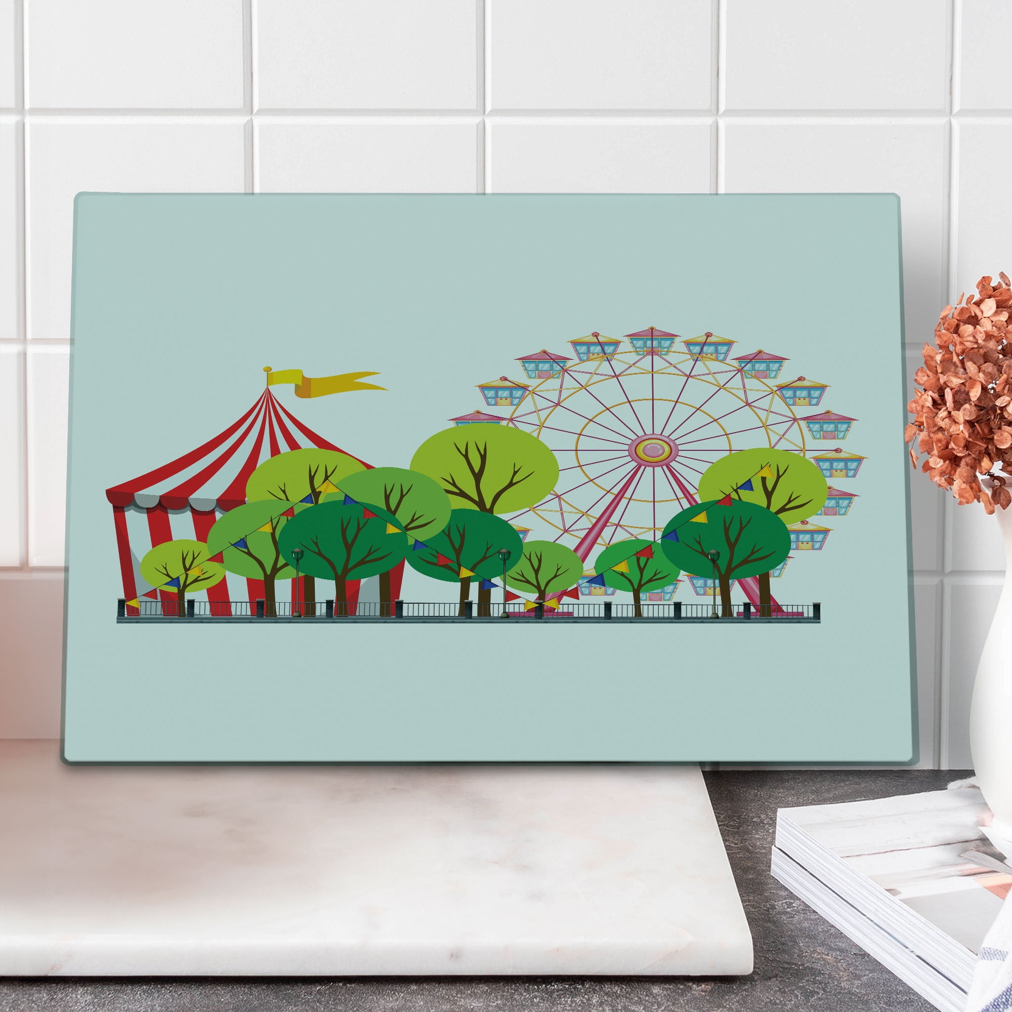 Circus Cutting Board, Circus Carnival Scene with Ferris Wheel and Tree ...