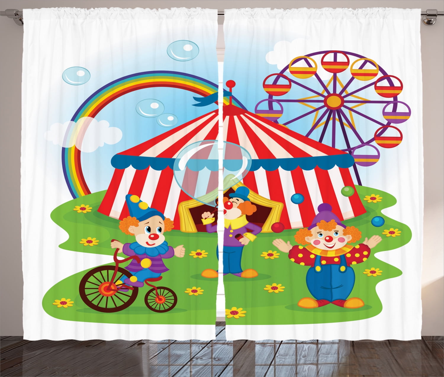 Ambesonne Vintage Curtains 2 Panel Set, Fun Circus Scene Clowns, 108" x ...