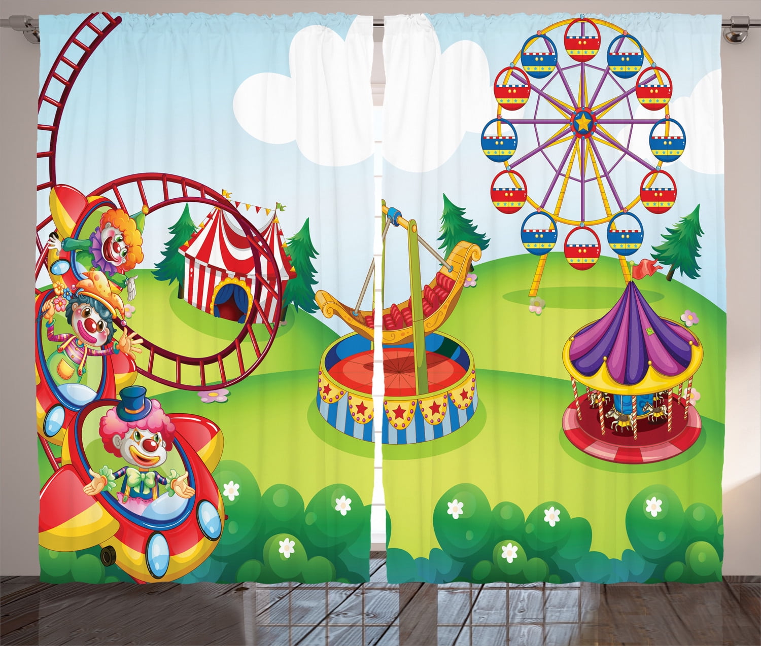 Ambesonne Colorful Curtains 2 Panel Set, Circus and Theme Park, 108" x ...