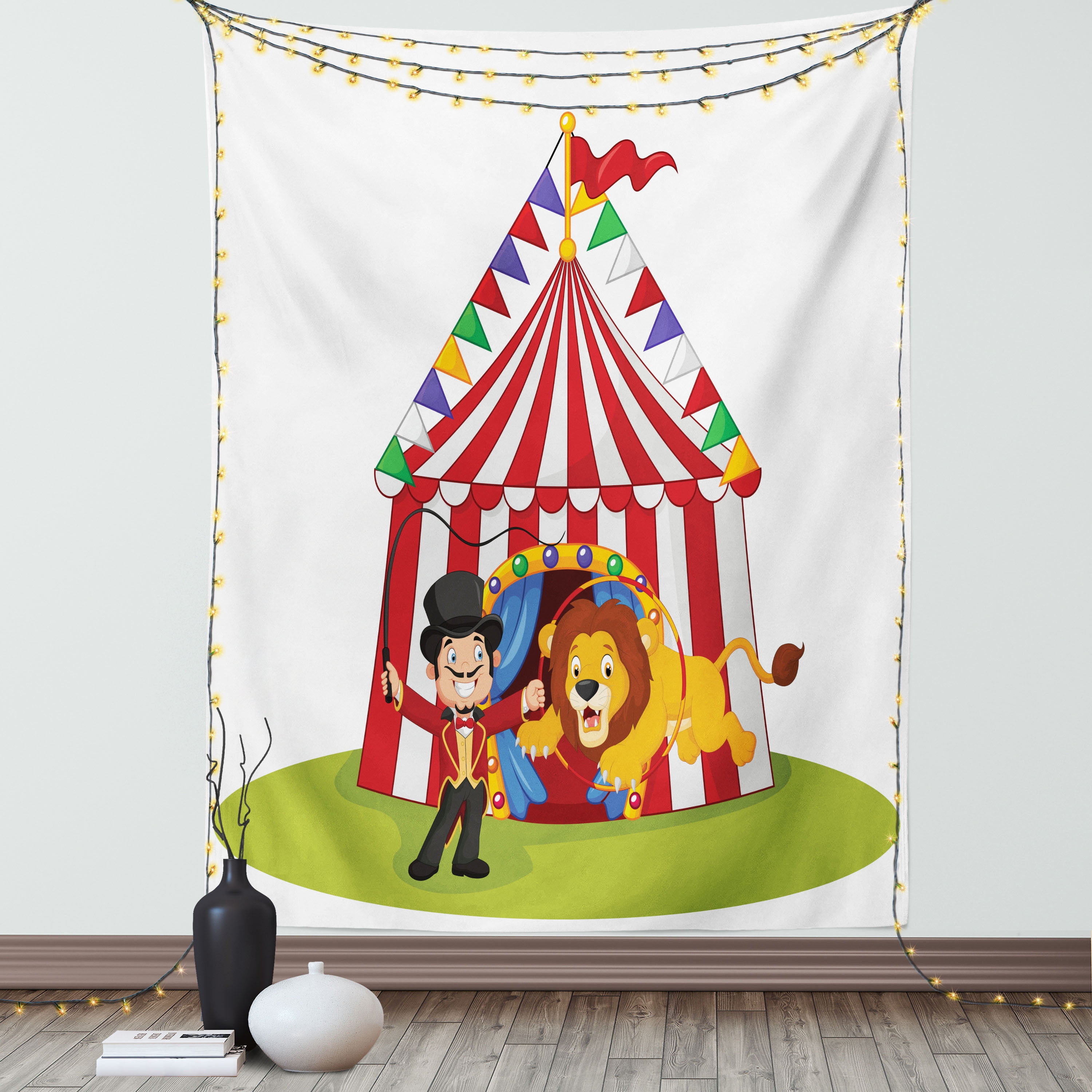 Circus Decor Wall Hanging Tapestry, Cartoon lion jumping through ring ...
