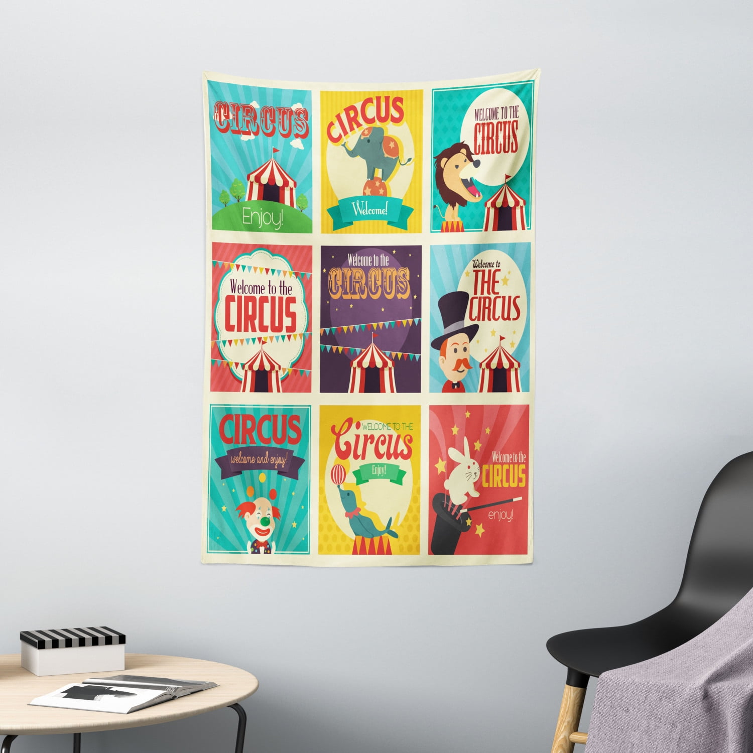Circus Decor Wall Hanging Tapestry, Collection of Old Circus Icons ...