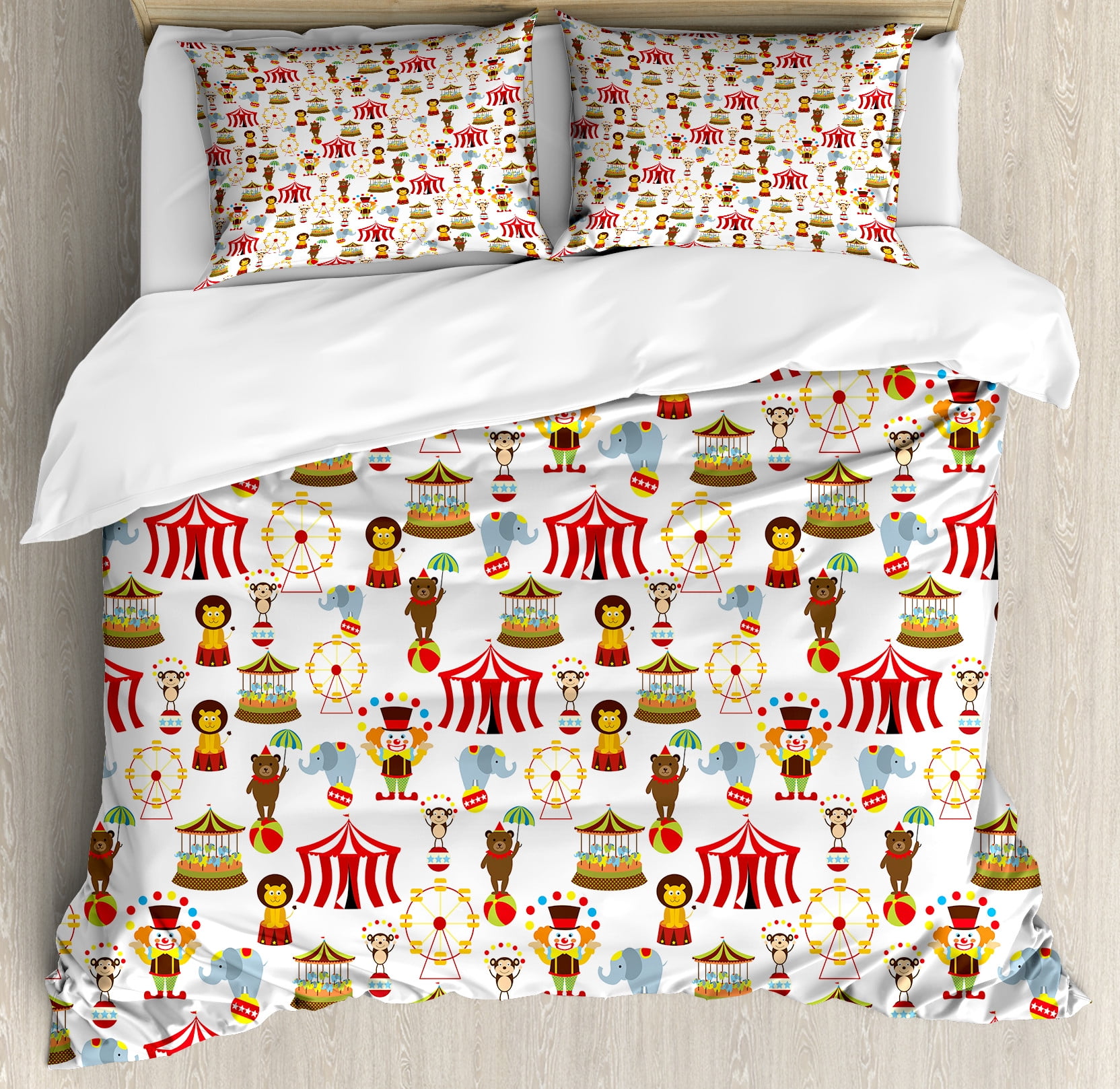 Circus Duvet Cover Set, Circus Bear Monkey Animals Merry Go Round Magic ...