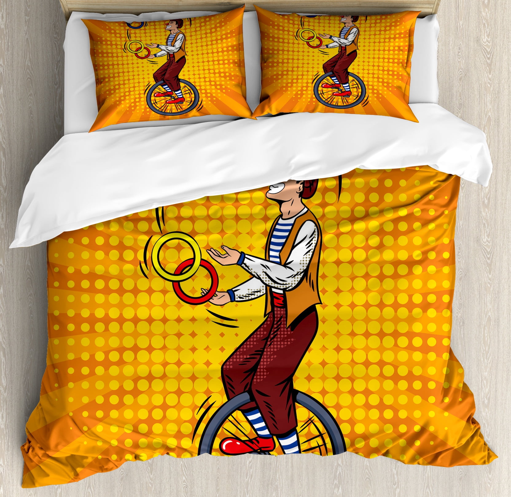 Circus Duvet Cover Set, Disc Juggler Man on Unicycle Comic Book ...