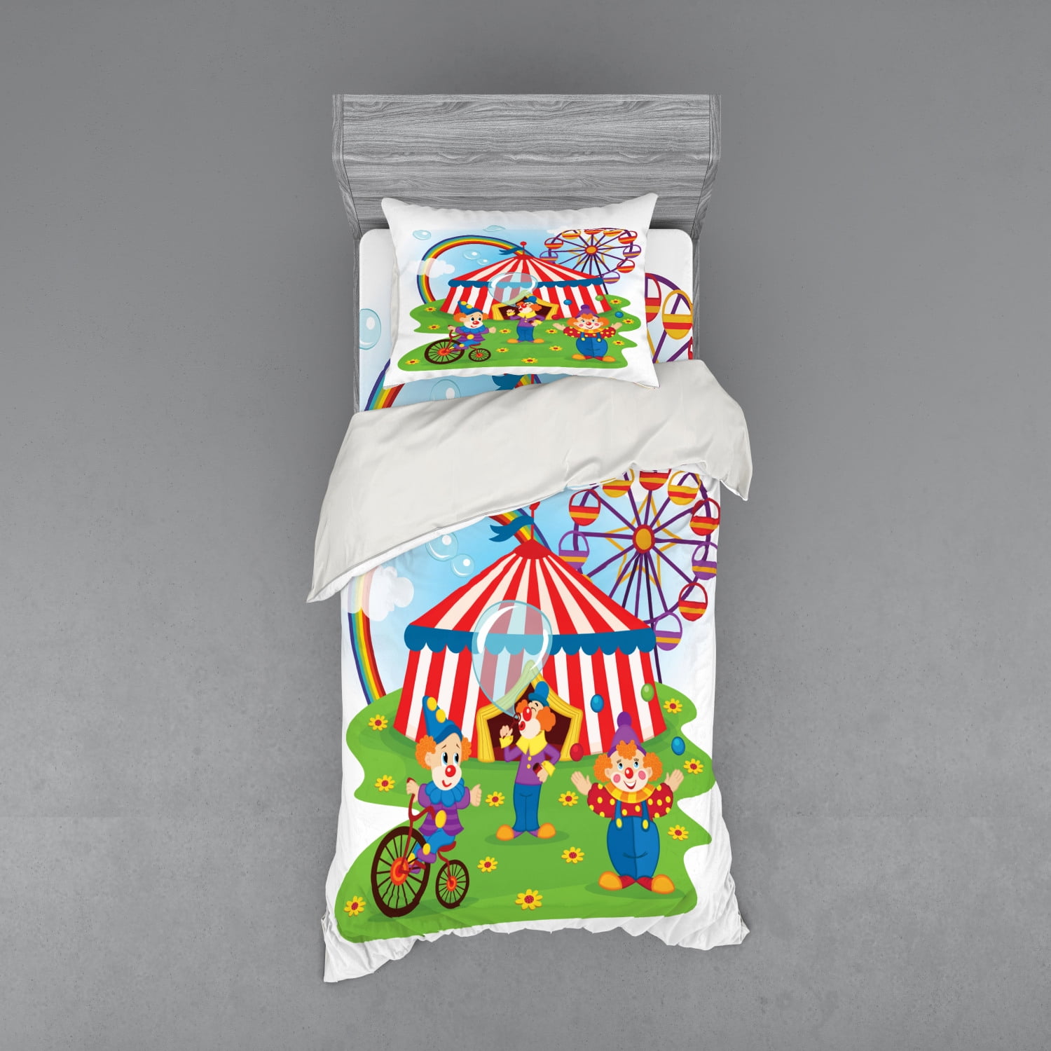 Circus Duvet Cover Set, Circus Scene with Clowns on Grass Rainbow ...