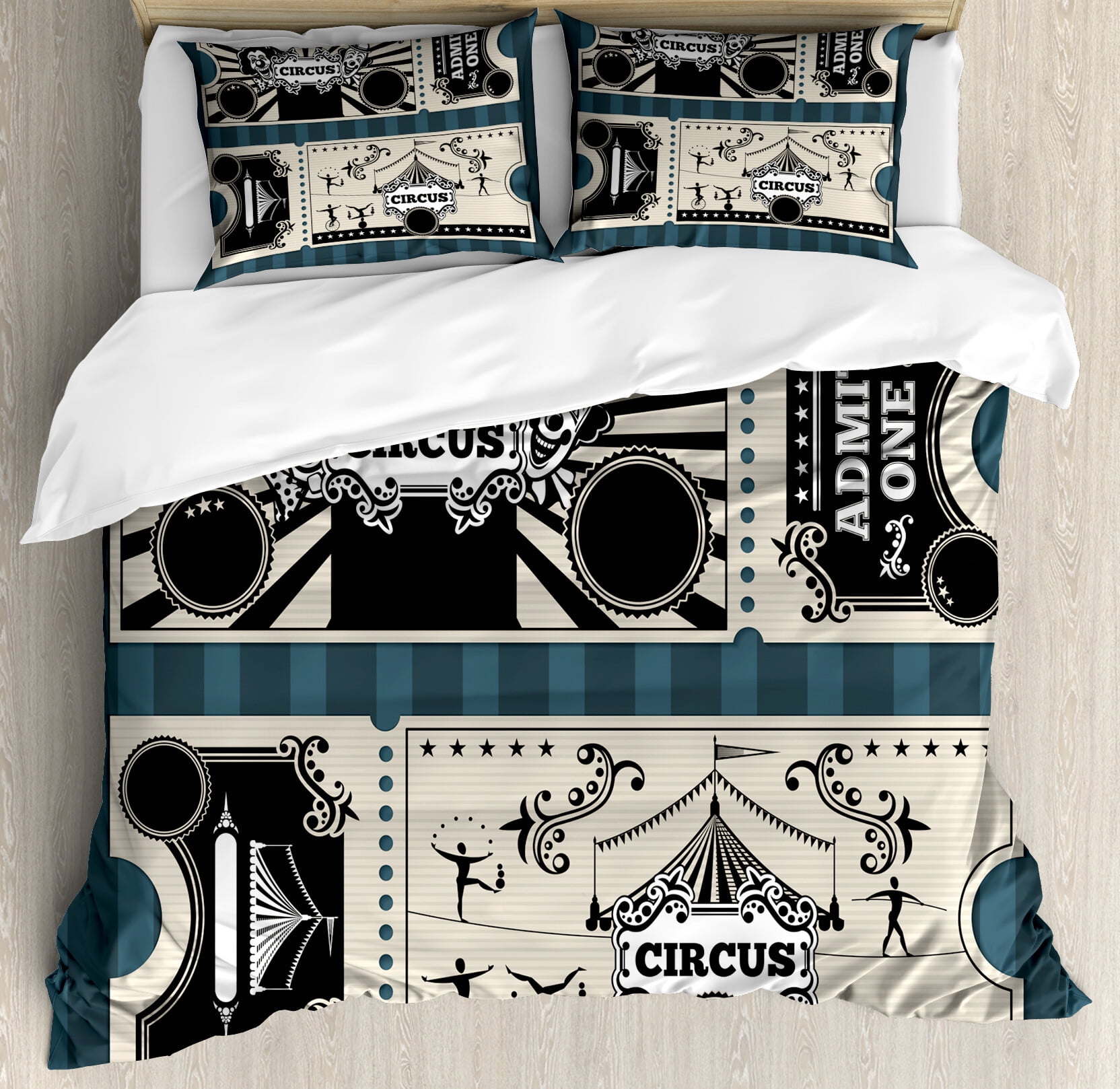 Circus Duvet Cover Set, Ticket Designs with Admit One Lettering Clowns ...