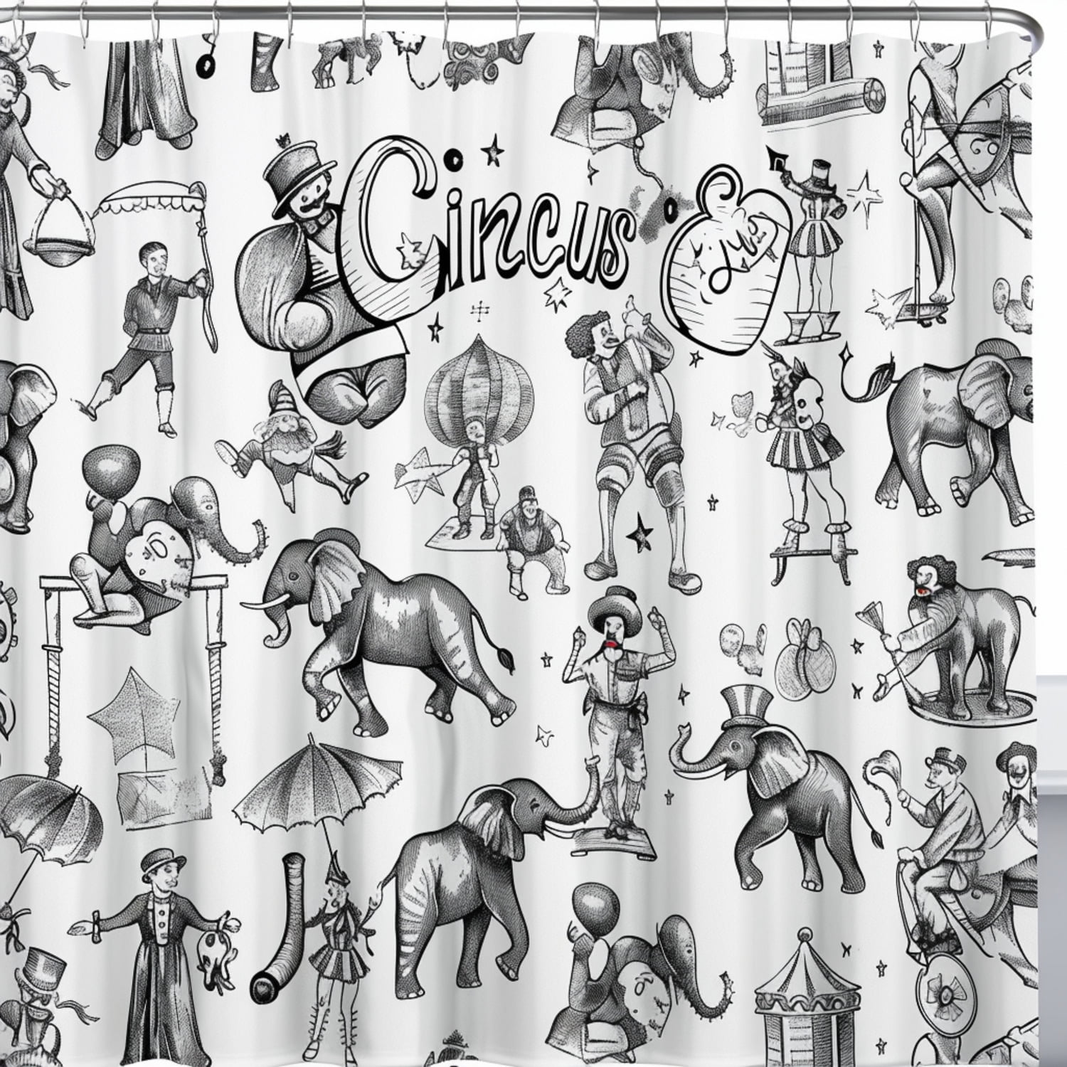 Circus Fun Vintage Ink Drawing Shower Curtain with Clowns Elephants and ...