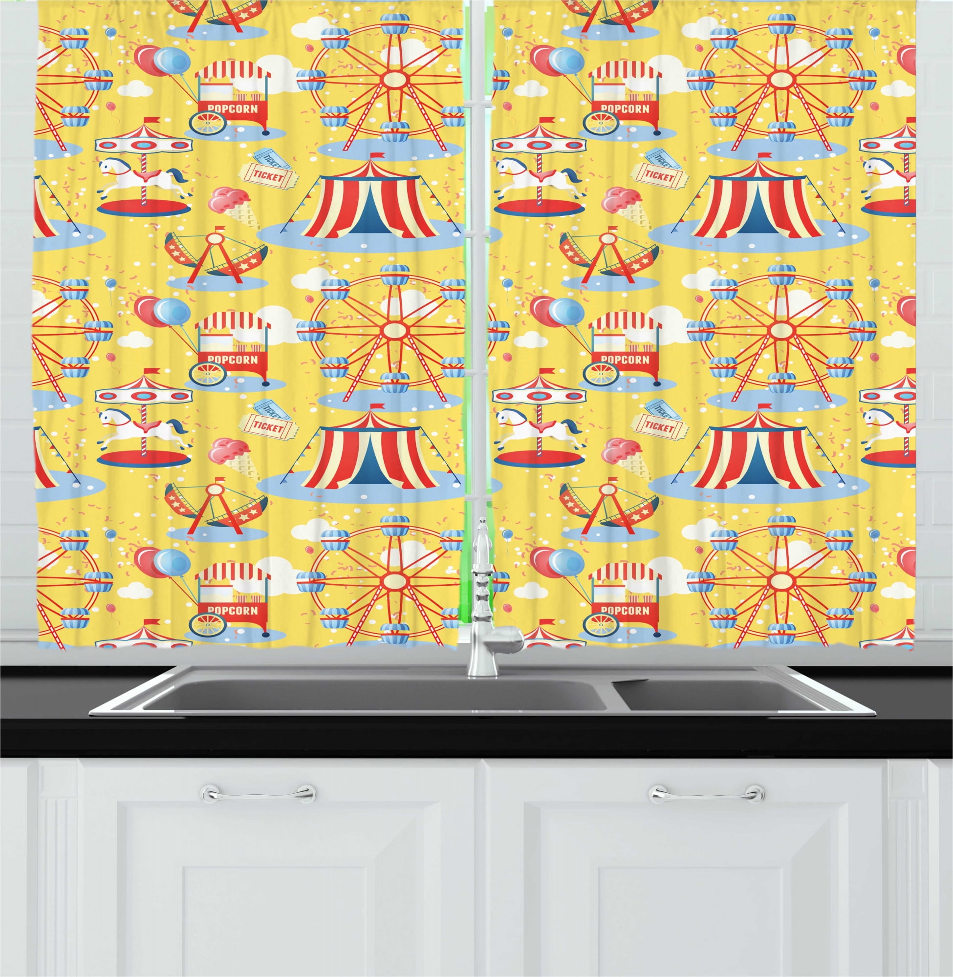 Circus Kitchen Curtains, Amusement Park Pattern with Ferris Wheel ...