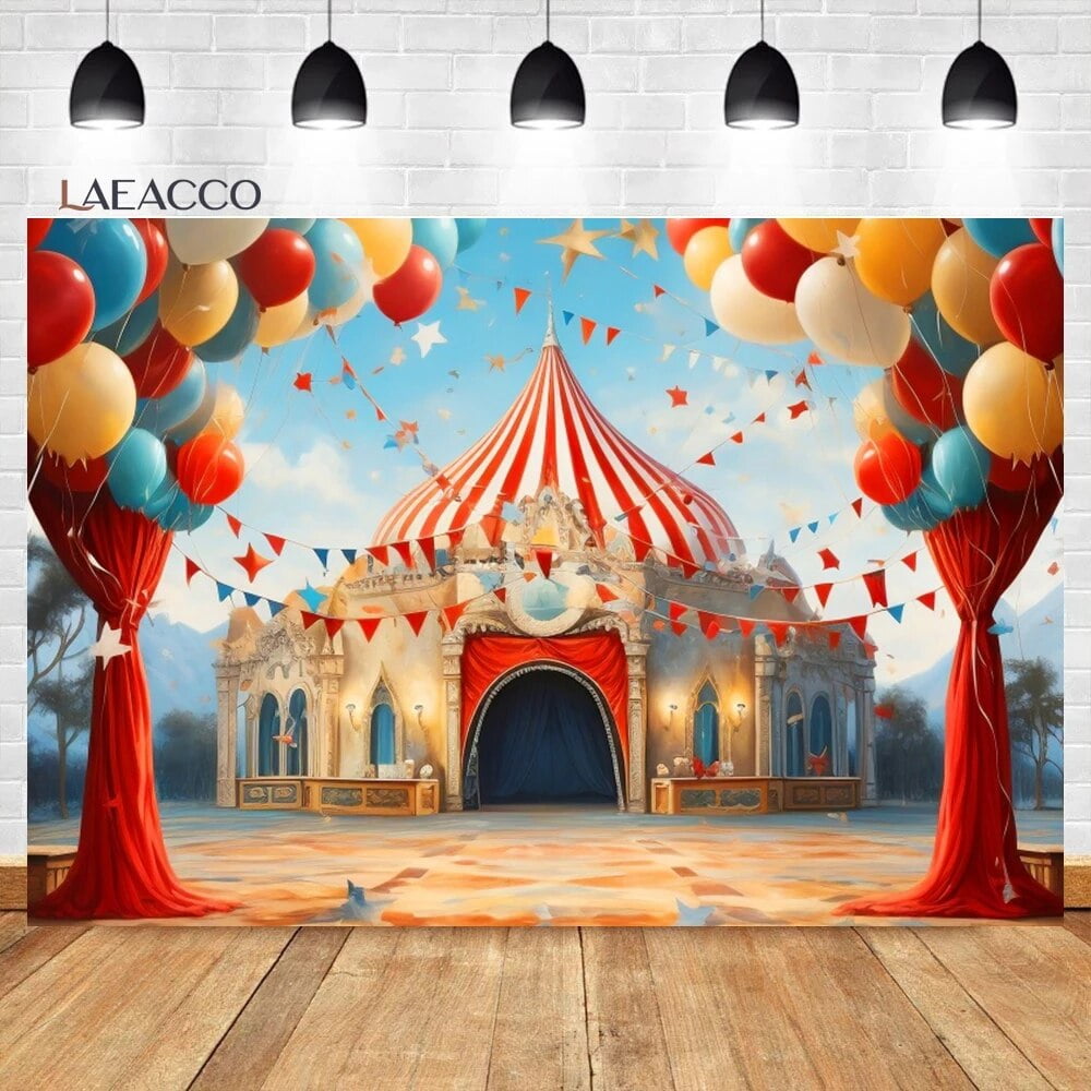Circus Photography Backdrop Red White Curtain String Lights Clown ...
