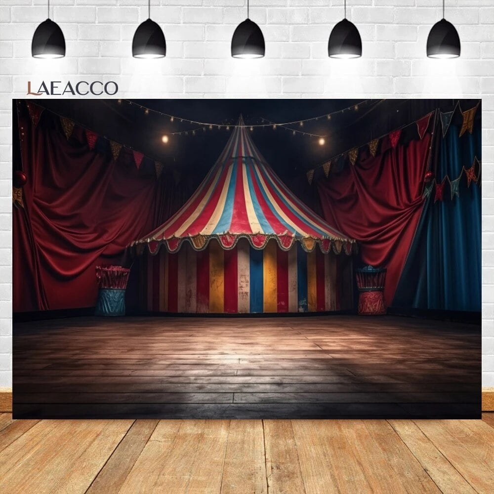 Circus Photography Backdrop Red White Curtain String Lights Clown ...