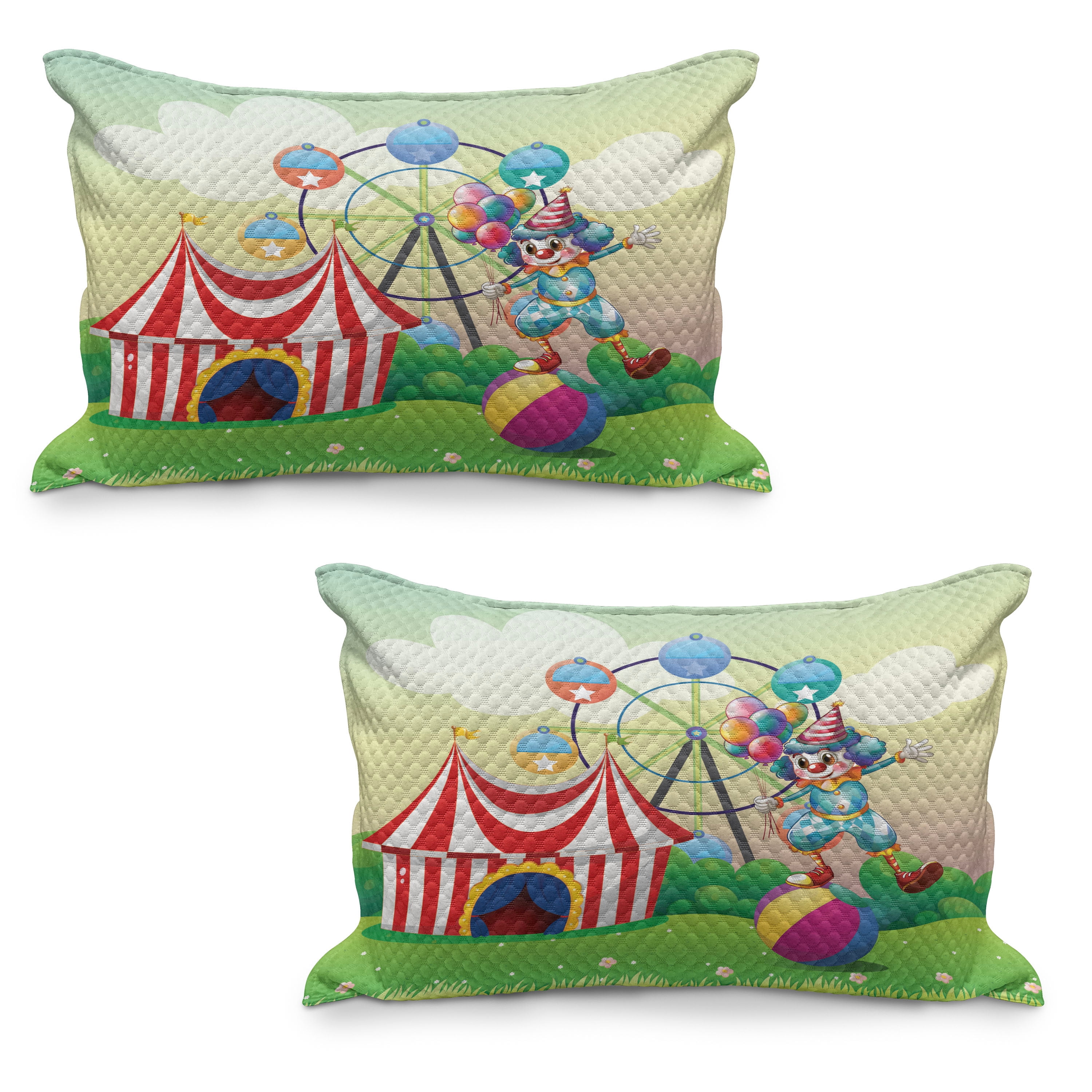Circus Quilted Pillowcover Set of 2, Illustration of a Clown Balancing ...