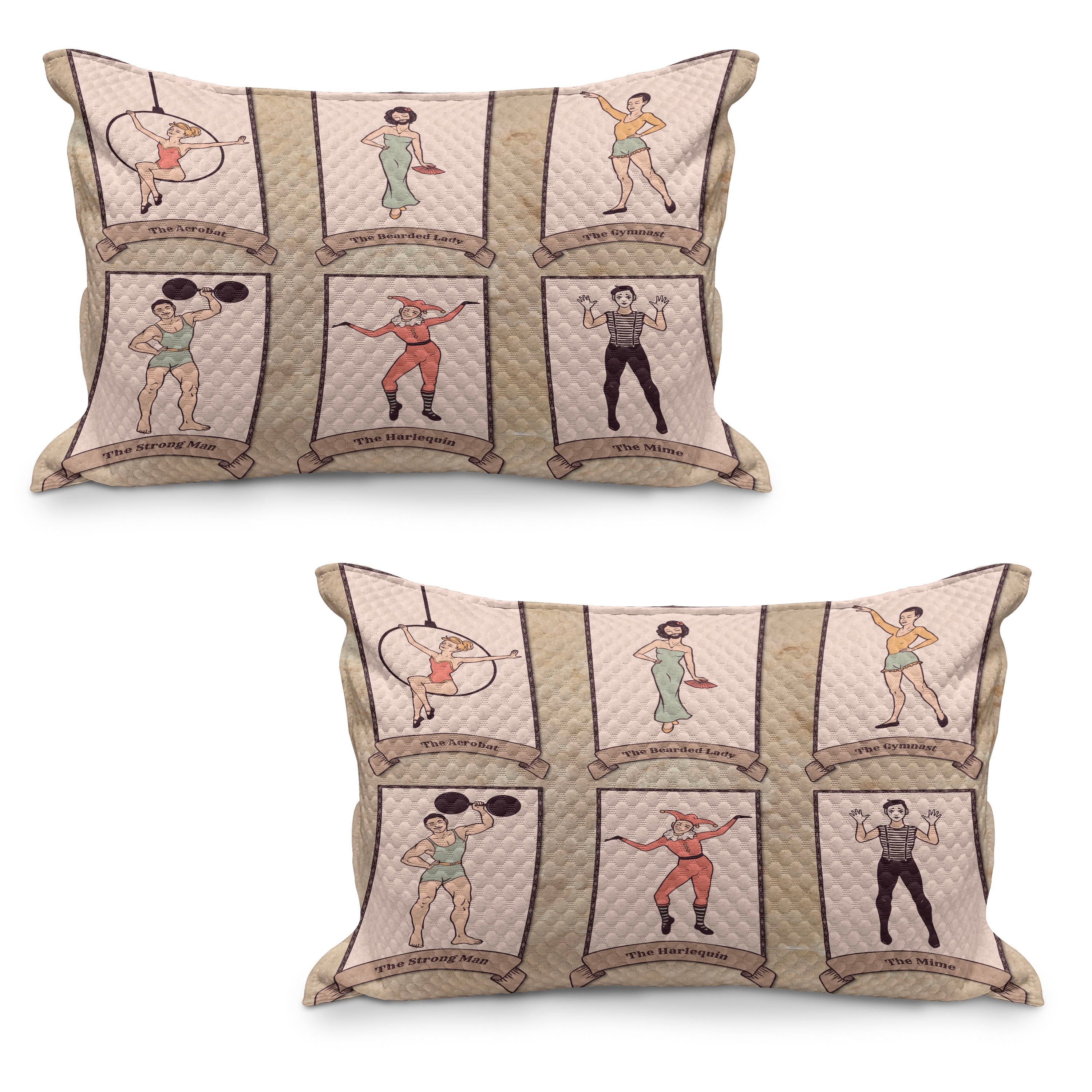 Circus Quilted Pillowcover Set of 2, Vintage Circus Characters Acrobat ...