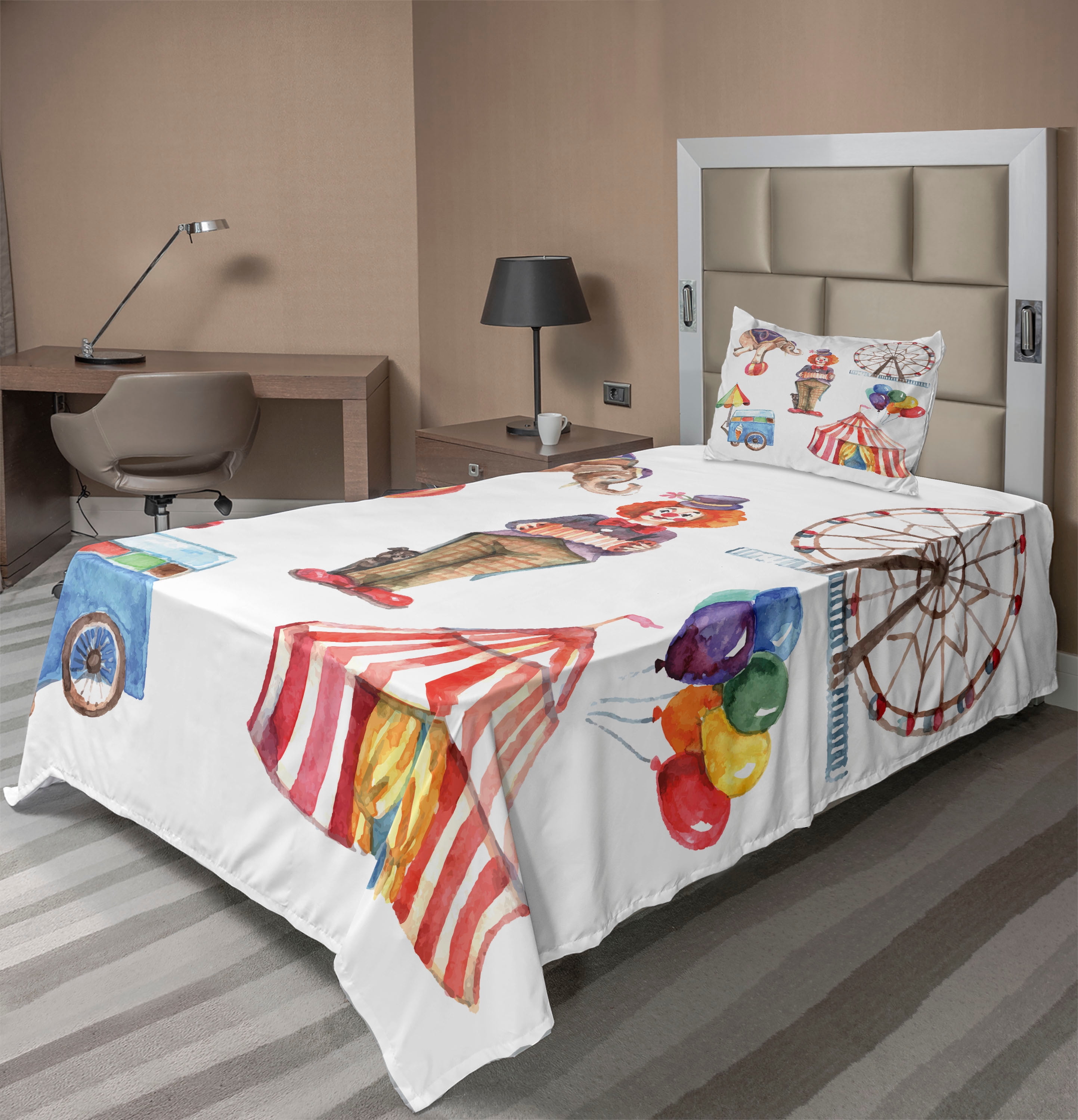 Ambesonne Colorful Fitted & Top Sheet Set with Sham, Clown Circus ...