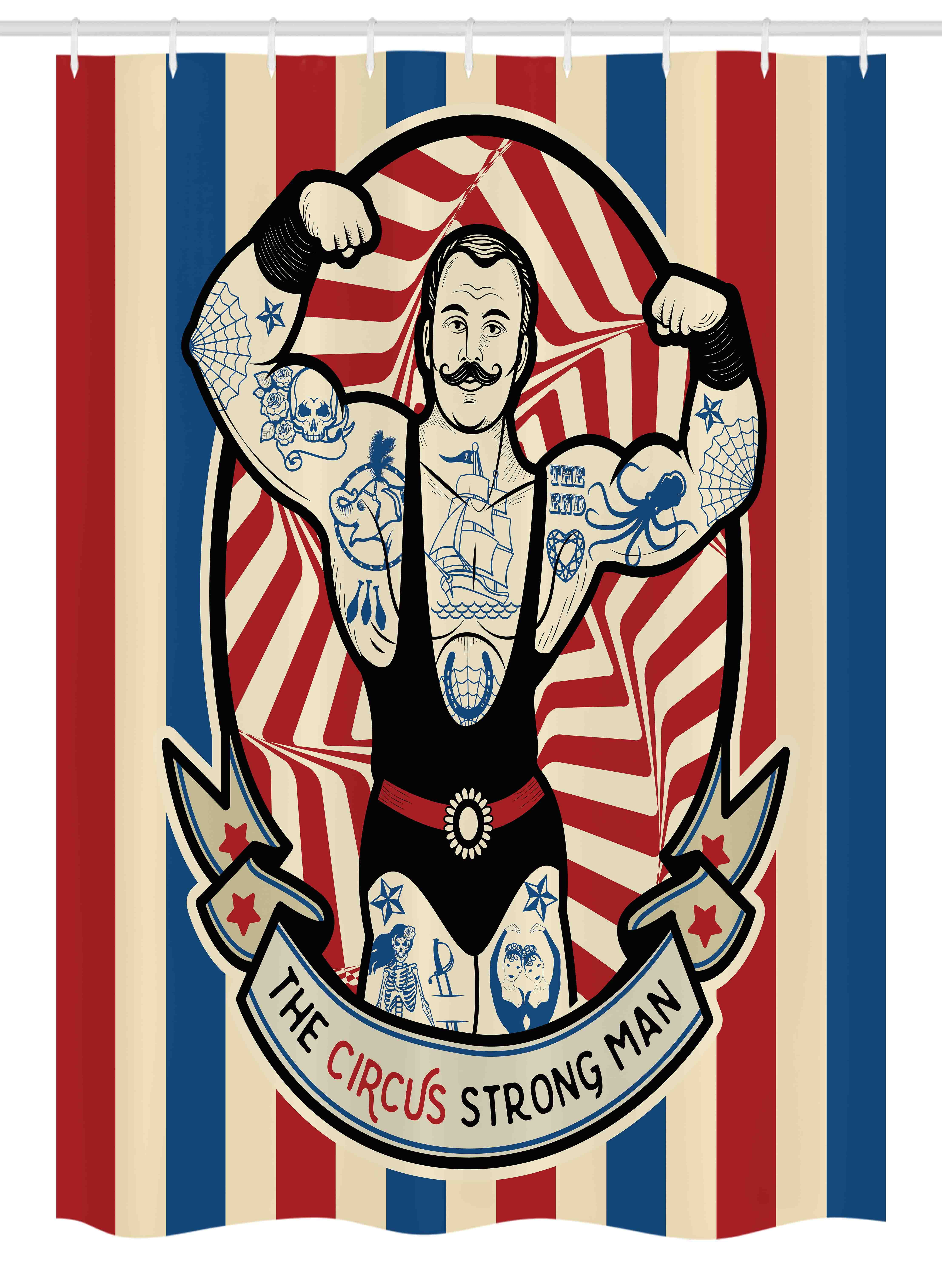 Circus Stall Shower Curtain, Nostalgic Icon the Strong Man with Tattoos ...