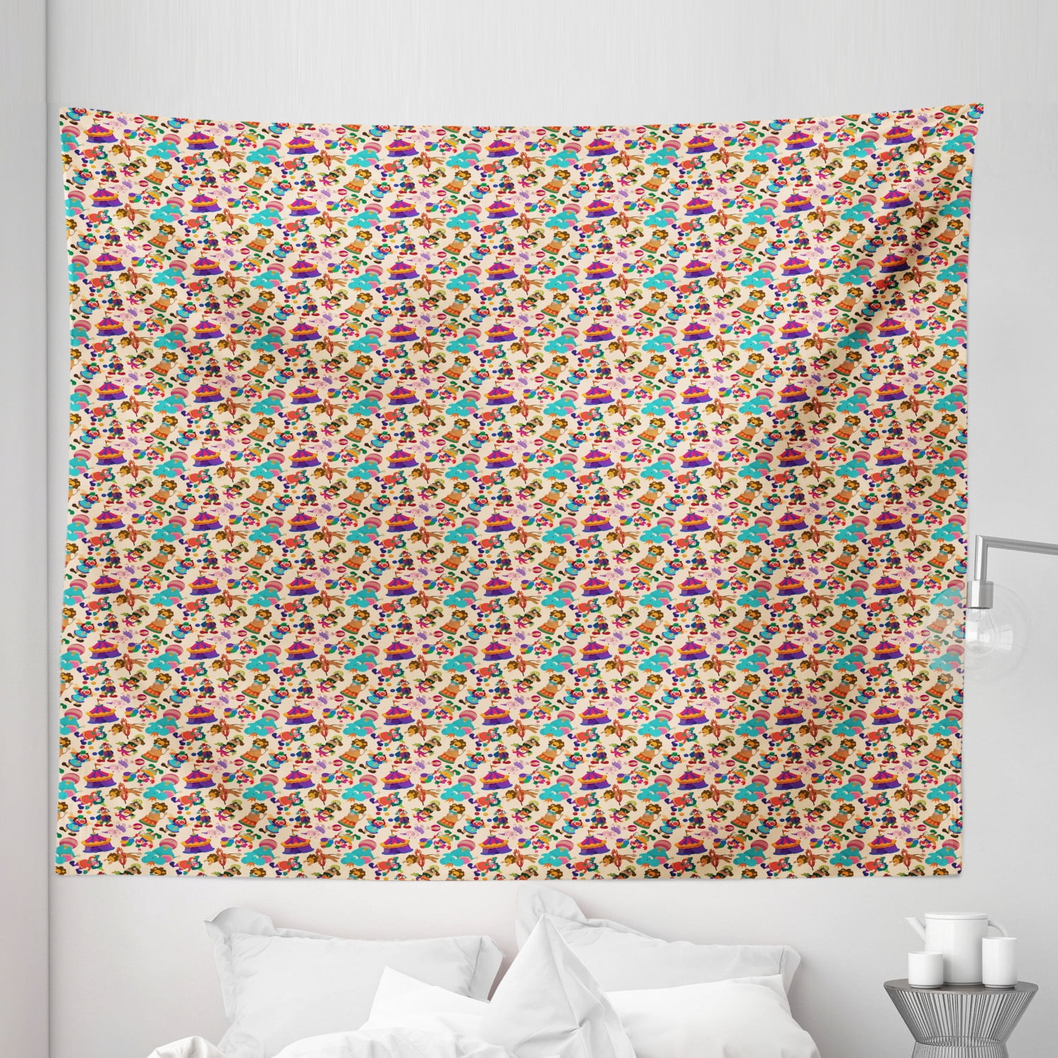 Circus Tapestry, Comic Cartoon Pattern of Festival Carnival Elements as ...
