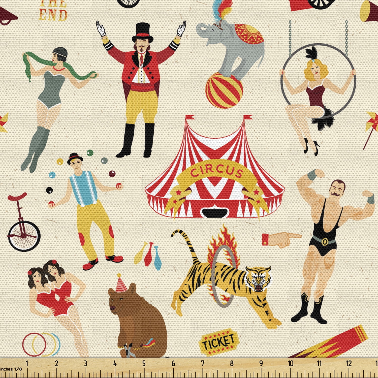 Ambesonne Circus Fabric by the Yard Upholstery, Retro Circus Firgures ...