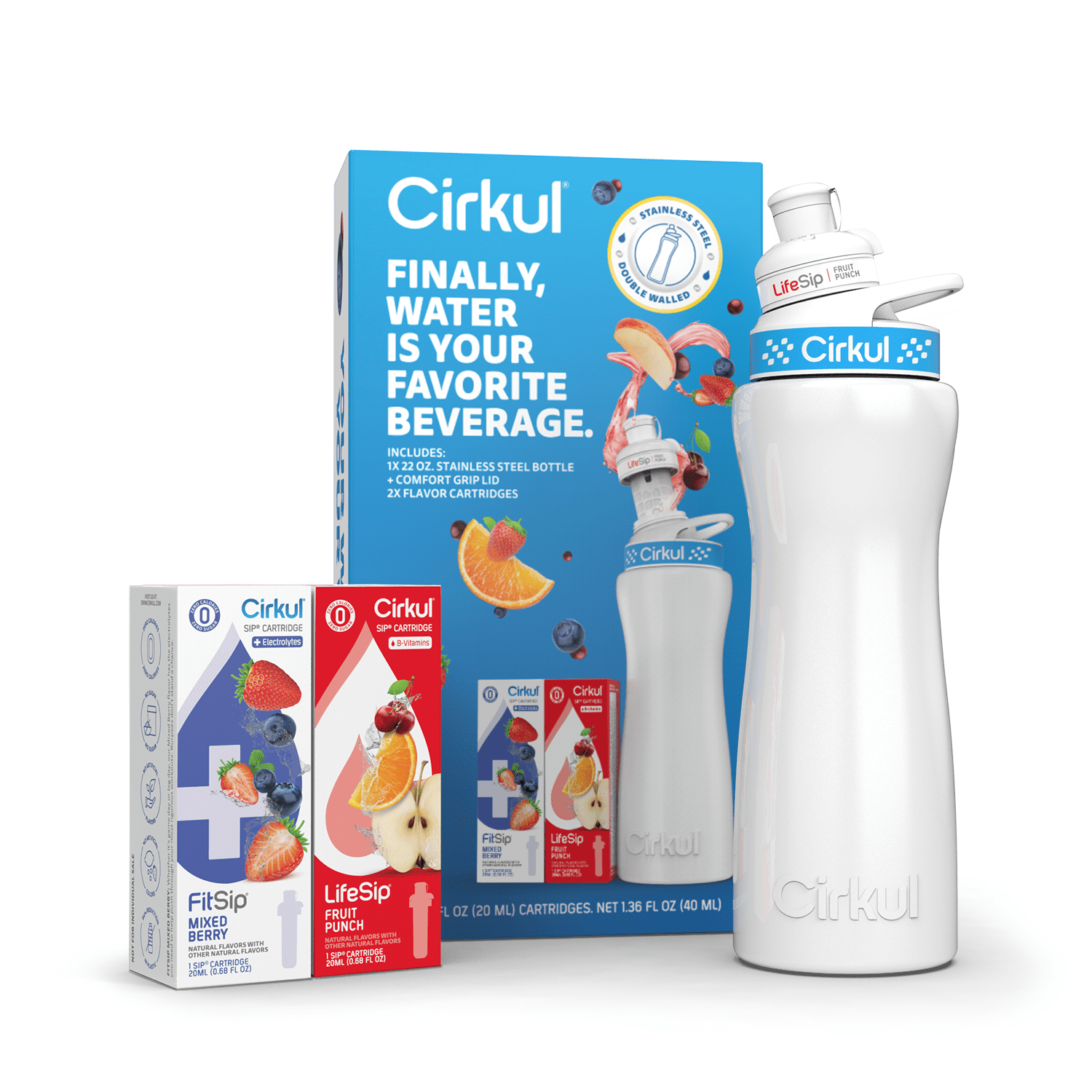 Cirkul 22 oz White Stainless Steel Bottle Starter Kit with Blue Lid and ...