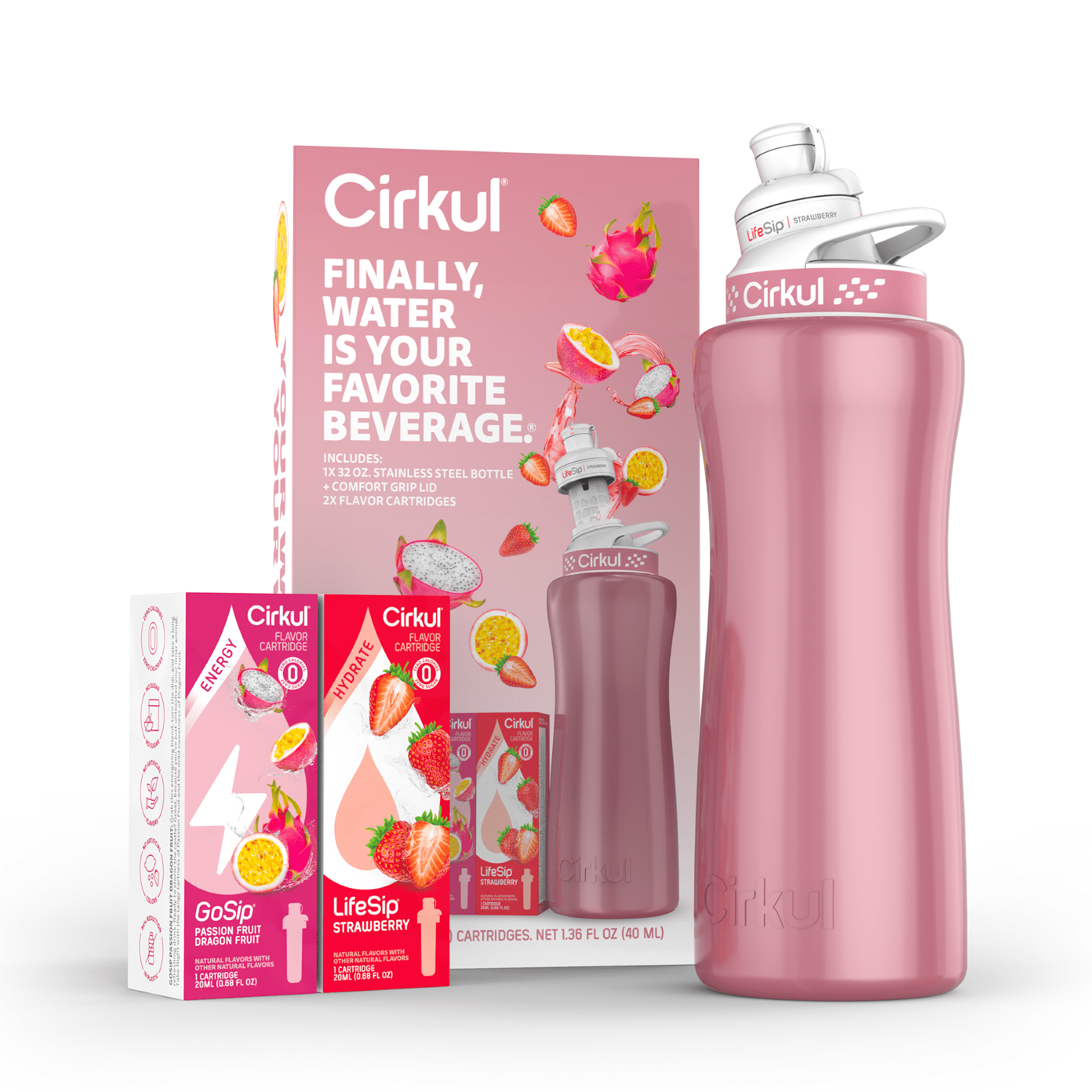 Cirkul 32oz Kit: Rose Gold Stainless Steel Bottle, Lid, 2 Flavor ...