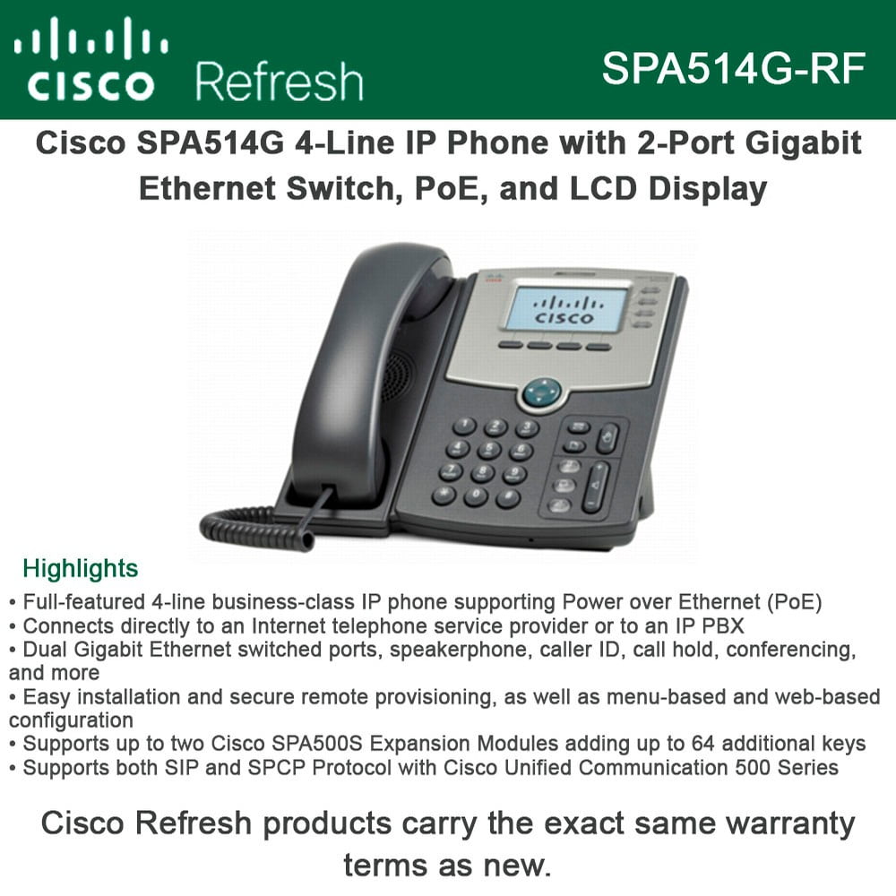 Cisco SPA514G Refresh 4-Line IP Phone with 2-Port Gigabit Switch PoE ...