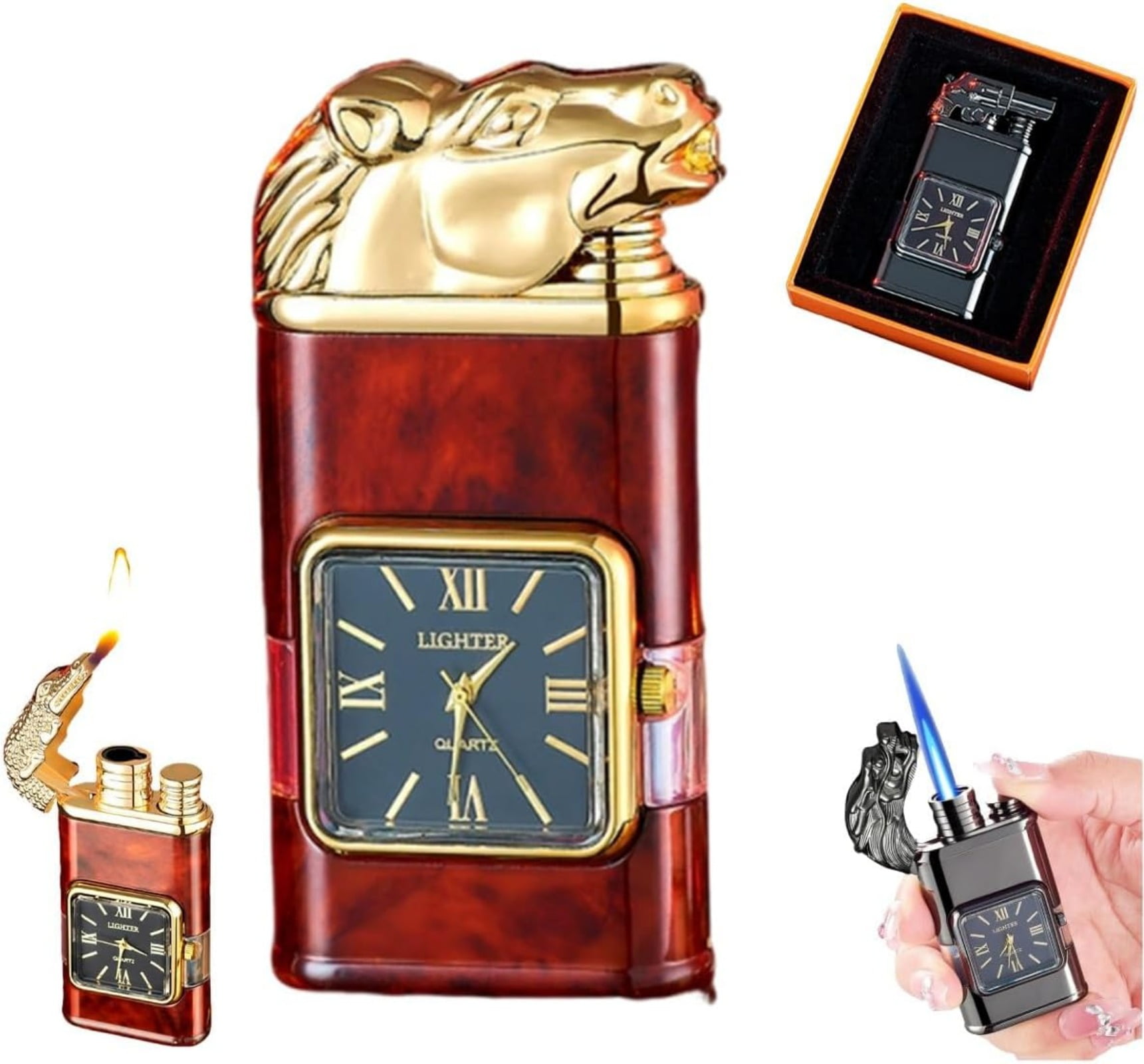 Cithway Windproof Dual-Flame Vintage Watch Lighter - Retro Refillable Jet Flame Lighter with ...