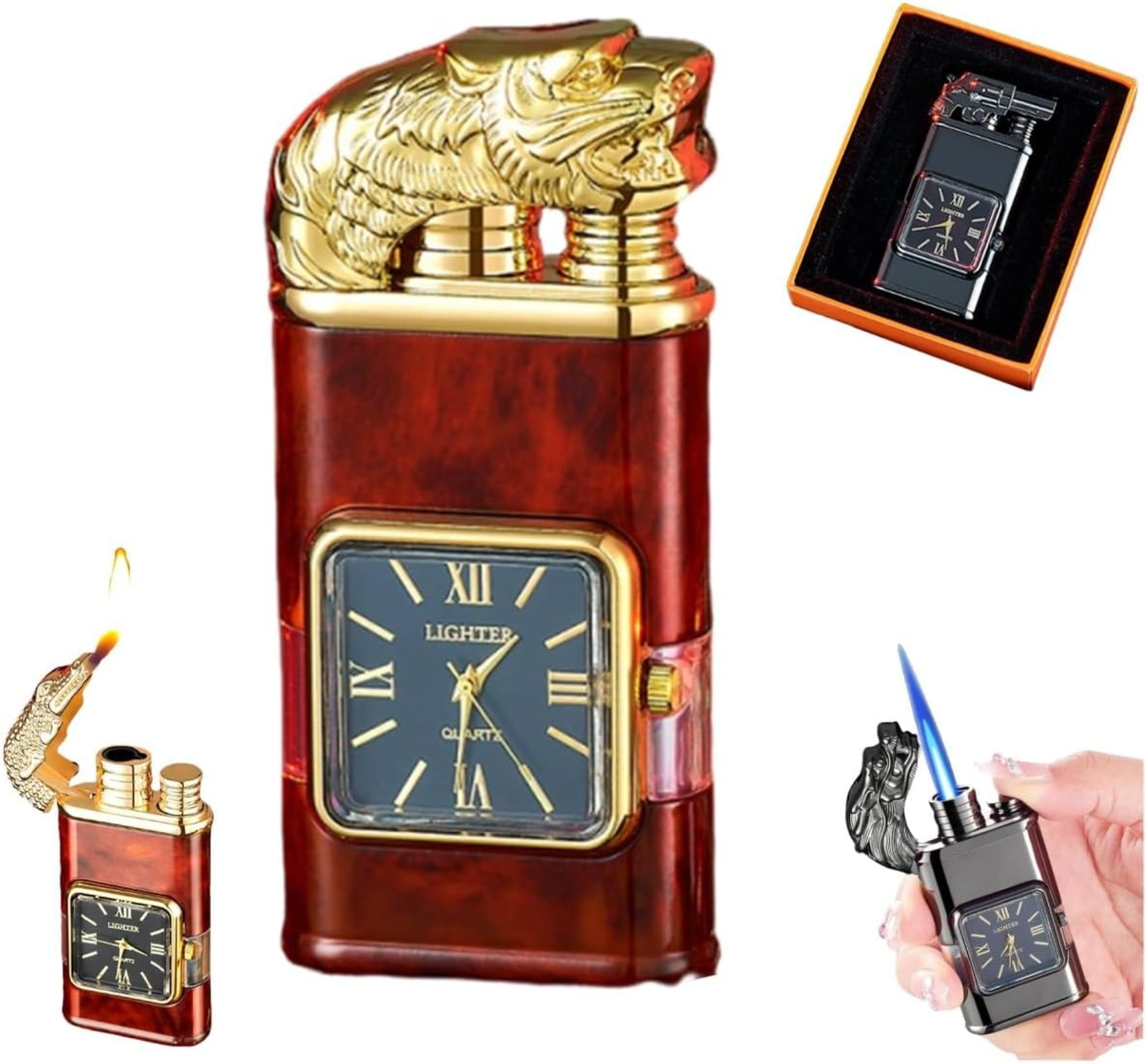 Cithway Windproof Dual-Flame Vintage Watch Lighter - Retro Refillable Jet Flame Lighter with ...