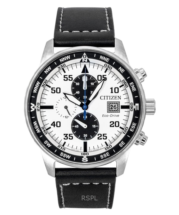 Citizen Eco-Drive Aviator Chronograph Leather Strap White Dial CA0880 ...