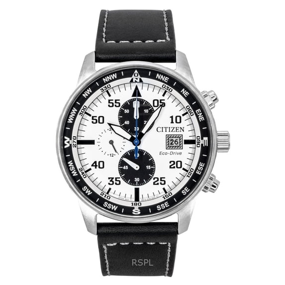 Citizen Eco-Drive Aviator Chronograph Leather Strap White Dial CA0880 ...