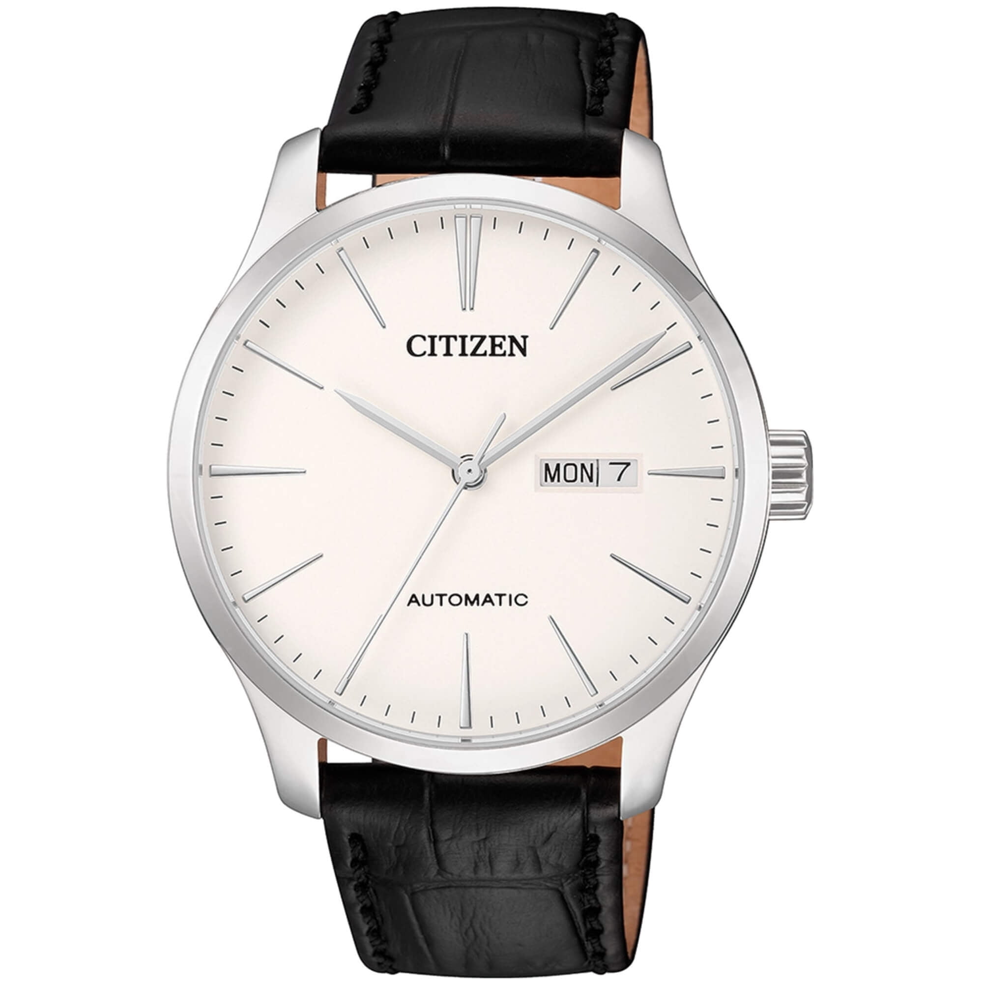 CITIZEN Men's Automatic Watch, White Dial, Black Leather Strap, Day and ...