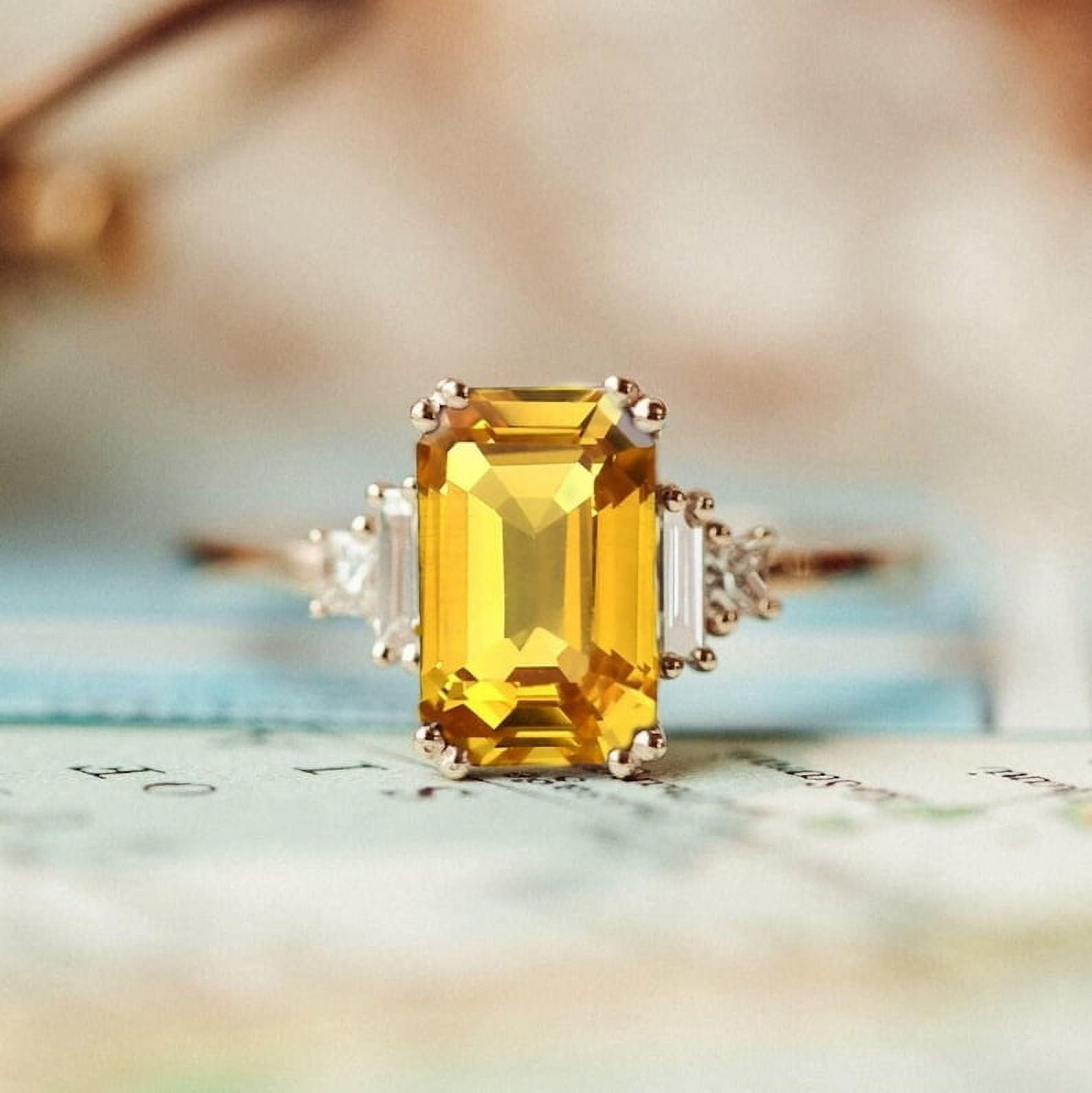 Citrine Birthstone Ring,Emerald Cut Crystal Ring,unique cluster bridal ...