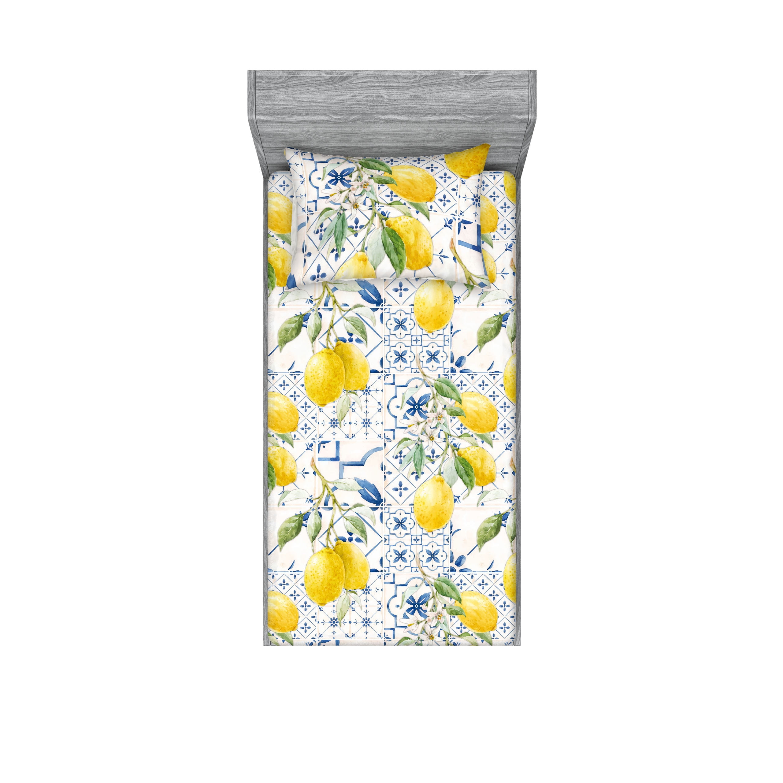 Citrus Fitted Sheet & Pillow Sham Set, Lemon Garden Scene with Floral ...