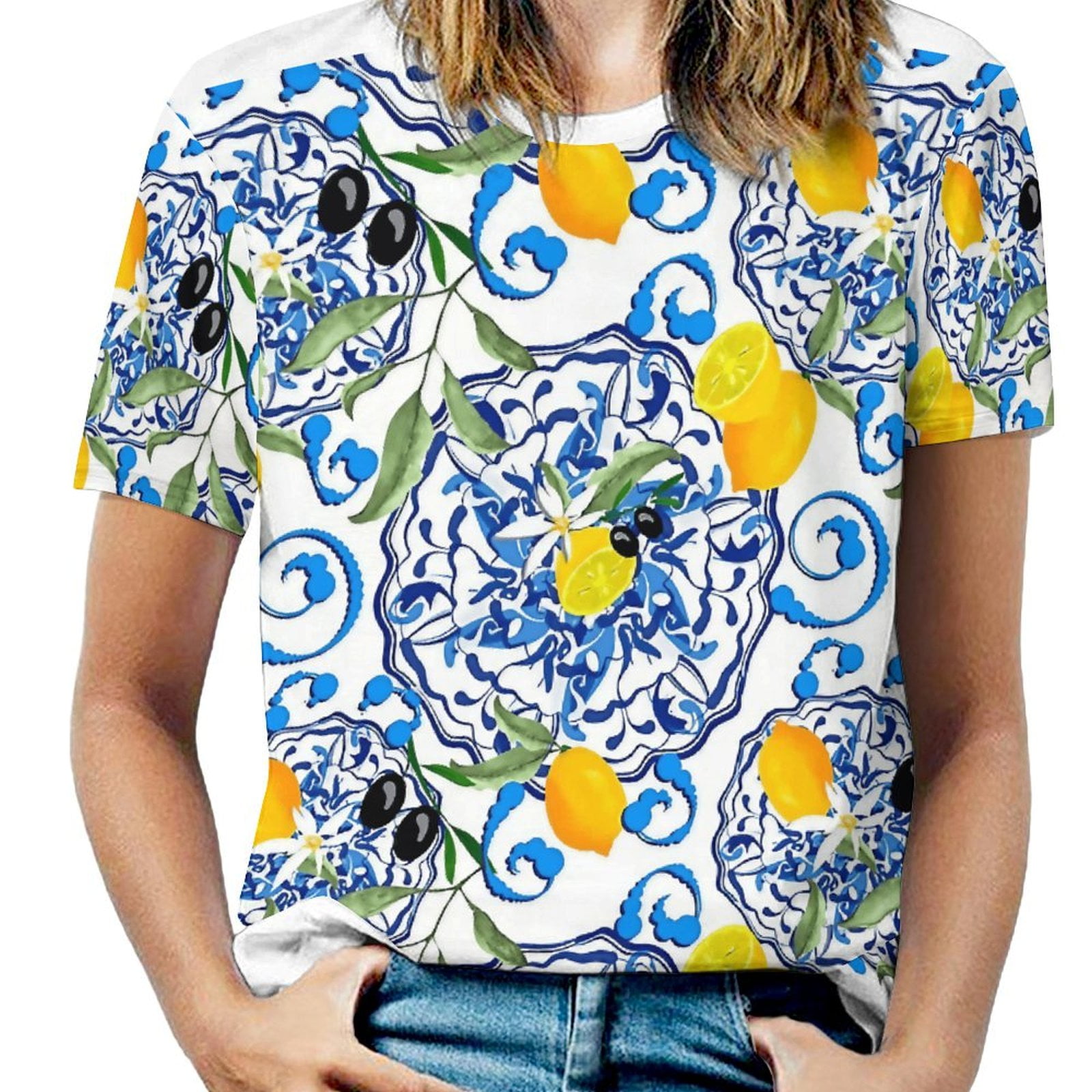 Citrus Floral Tiles T Shirts Basic T-Shirt Short Sleeve Ladies Tee ...