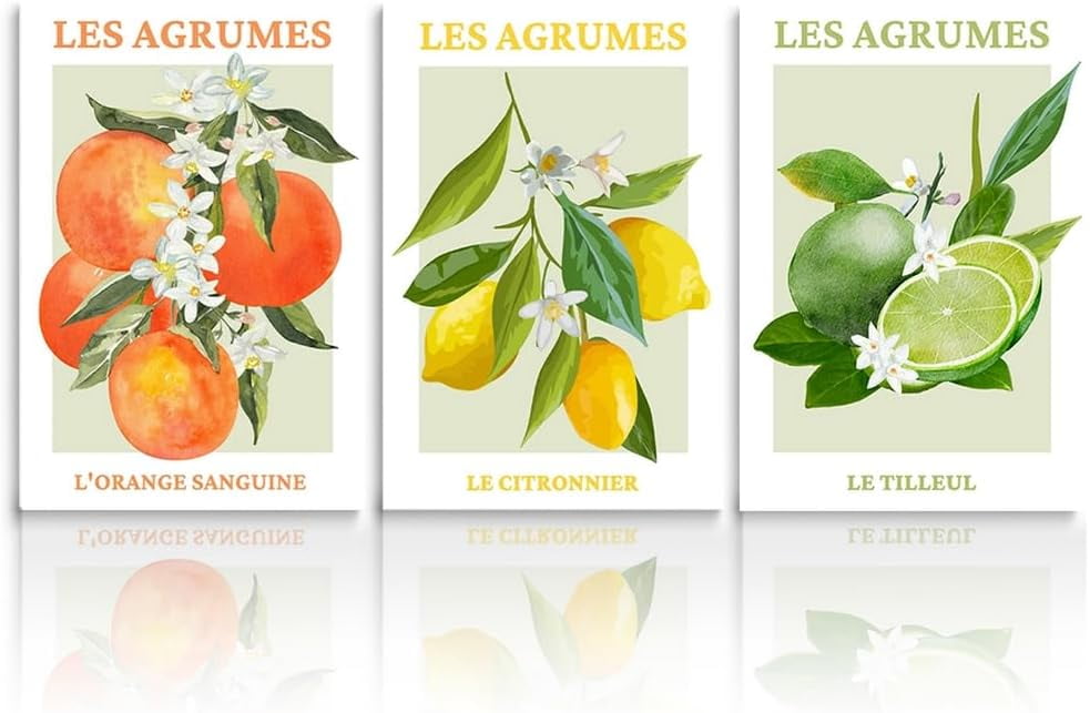 Citrus Fruit Print Wall Art, Set Of 3 French Fruit Art Prints Wall ...