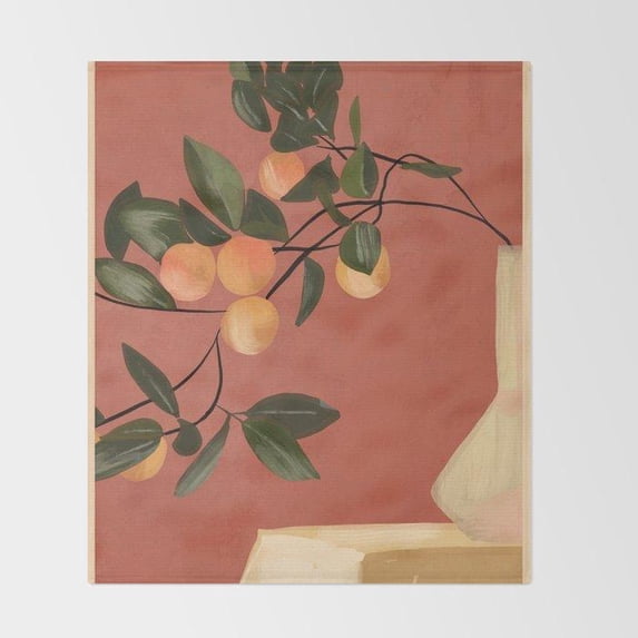 Citrus Fruit and Leafy Branches Terracotta Fleece Blanket, Polyester ...