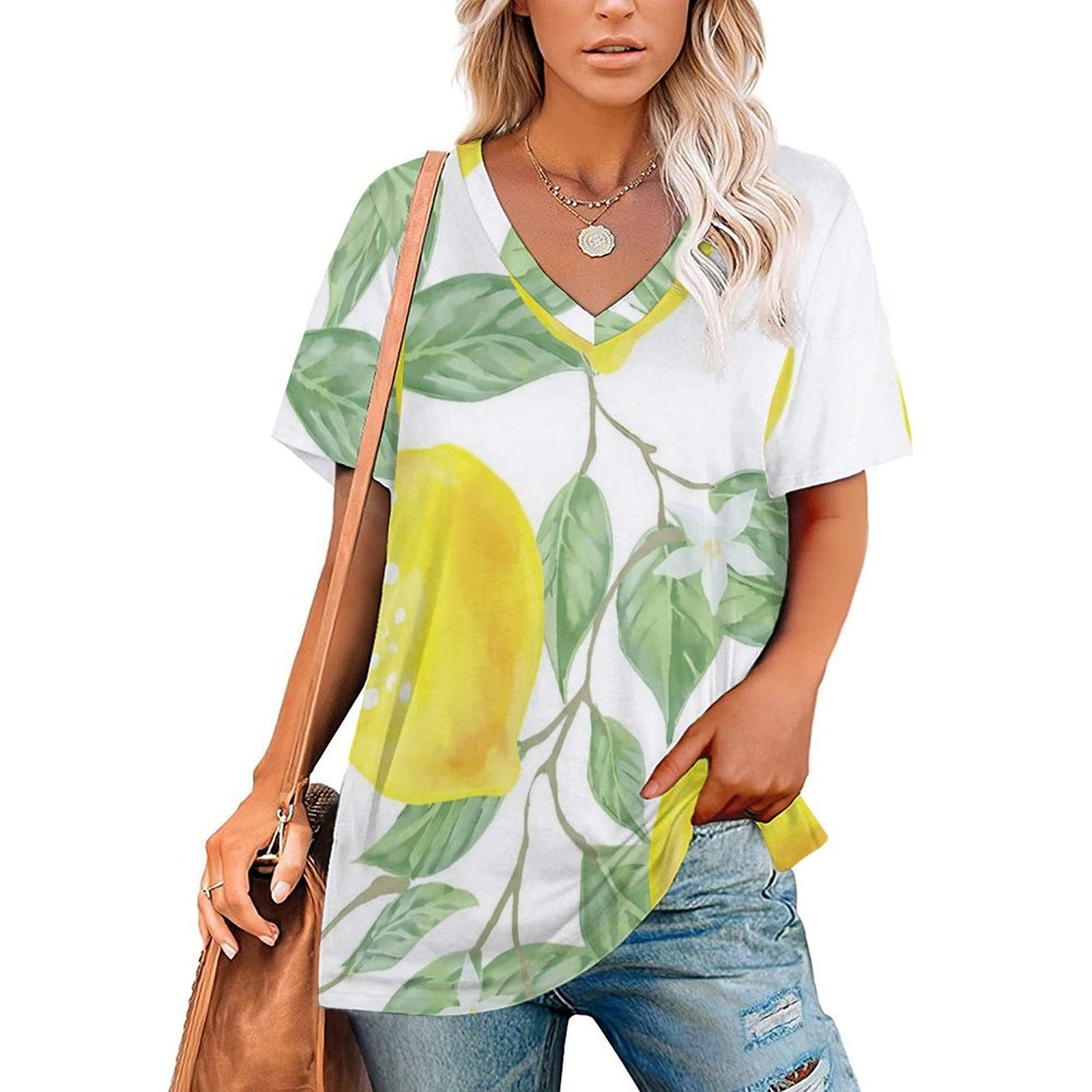Citrus Fruits Summer Fashion Female T-Shirt Short Sleeve Lady V Neck ...