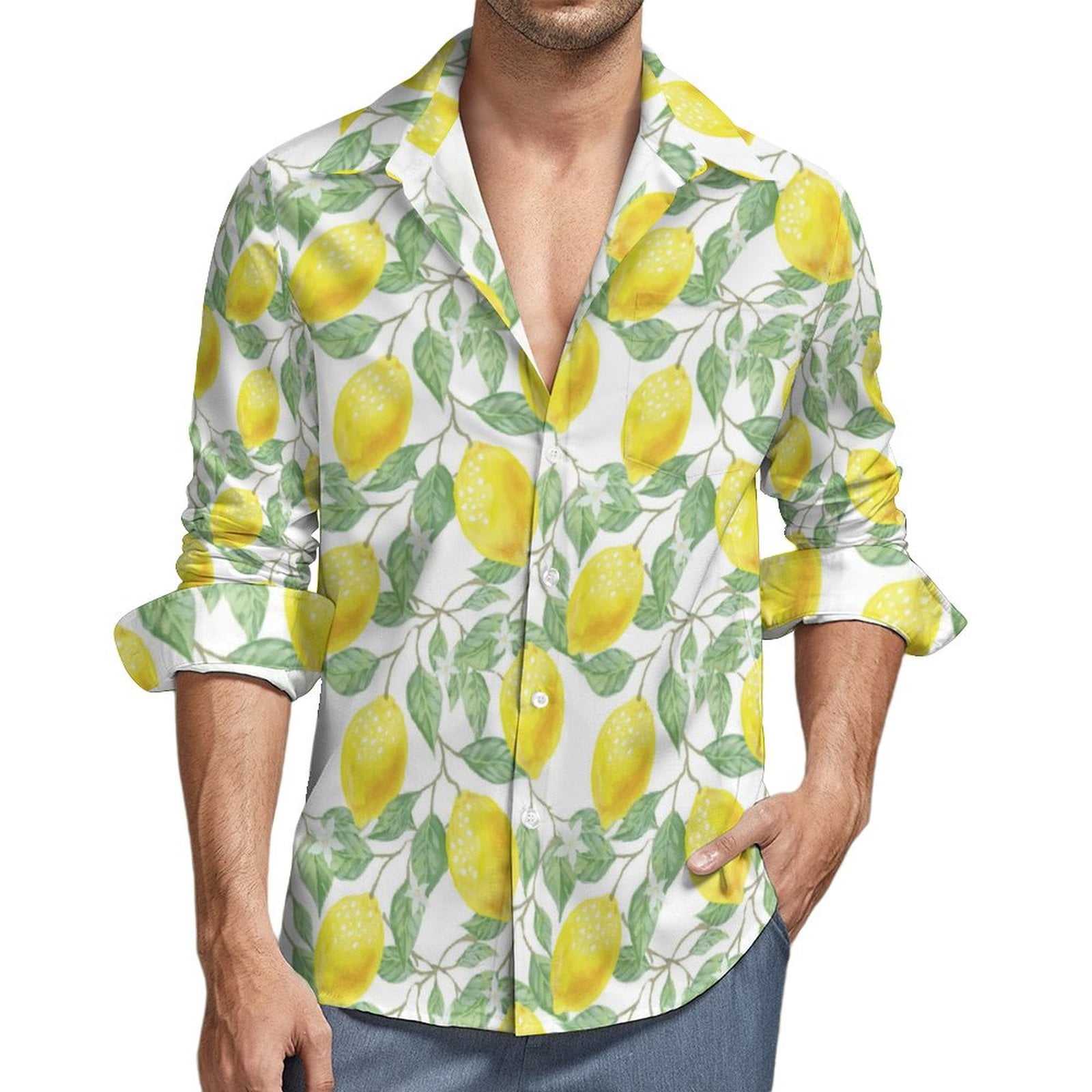 Citrus Fruits Summer Hawaiian Shirt for Men Long Sleeve Button Down ...