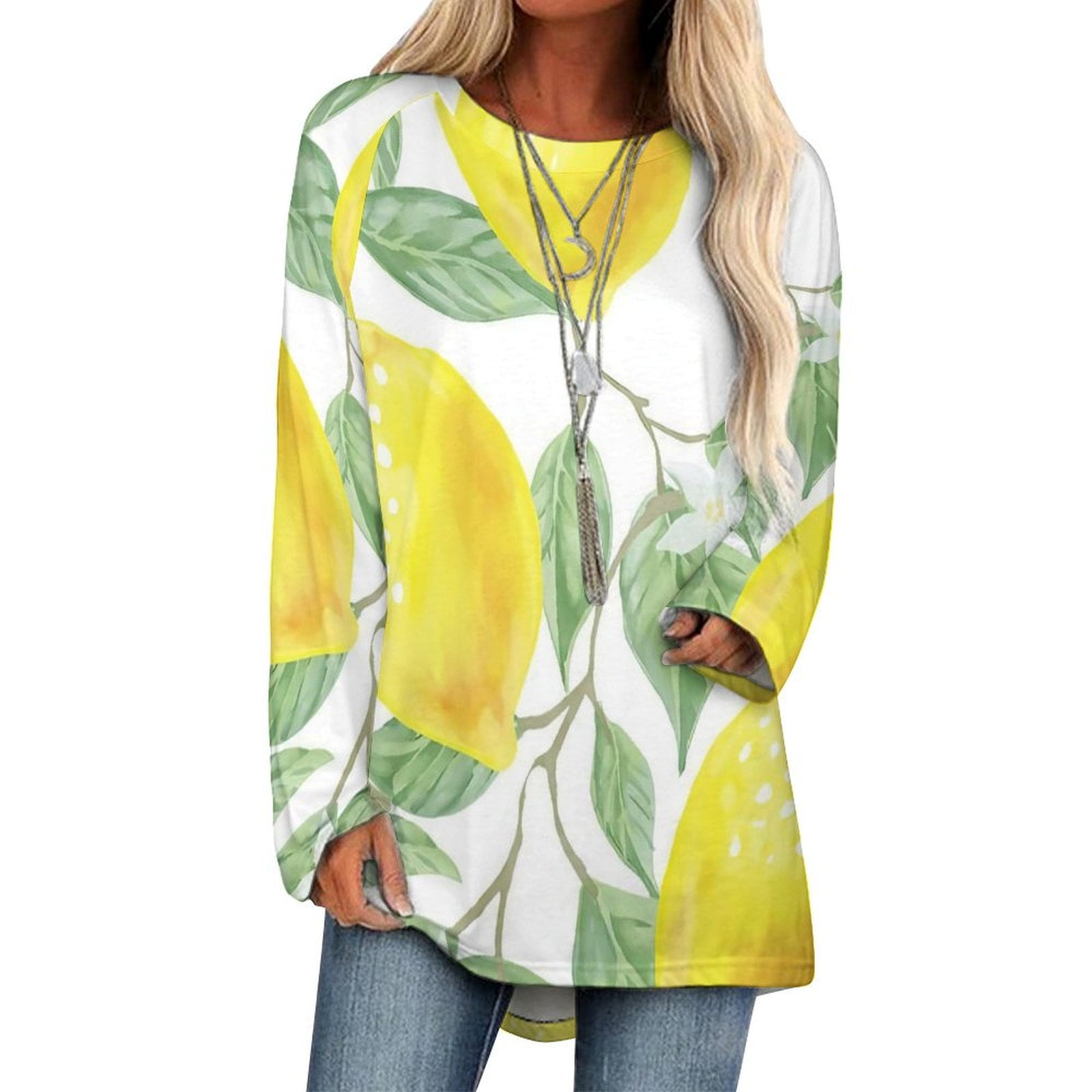 Citrus Fruits Summer Plus Size Top Long Sleeve O-Neck T-Shirt Loose Top ...