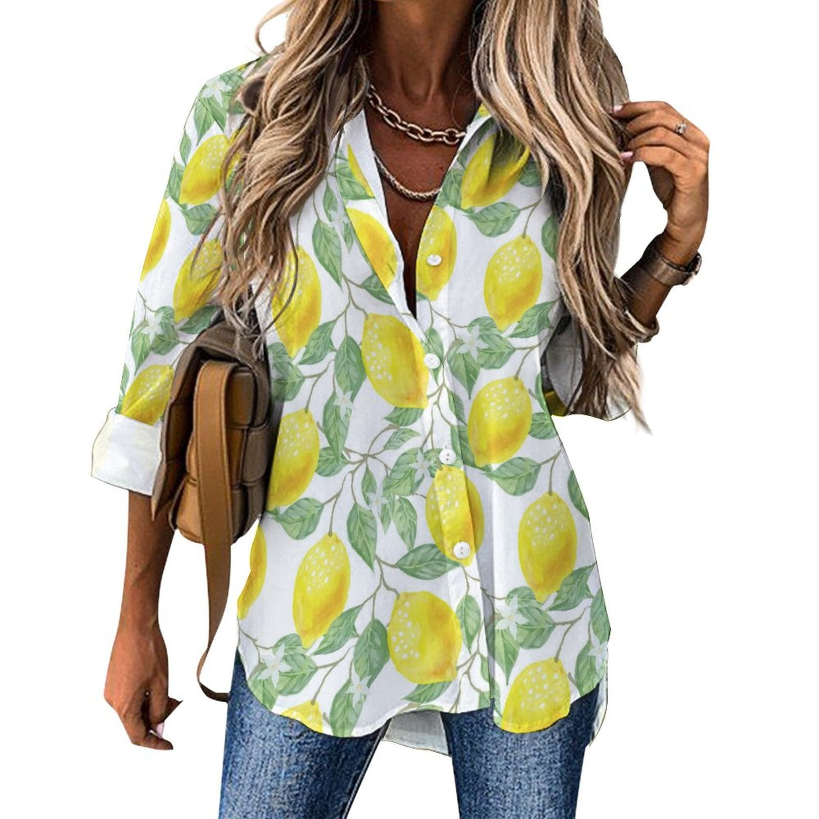 Citrus Fruits Summer Women's Button Down Long Sleeve Shirts Irregular ...