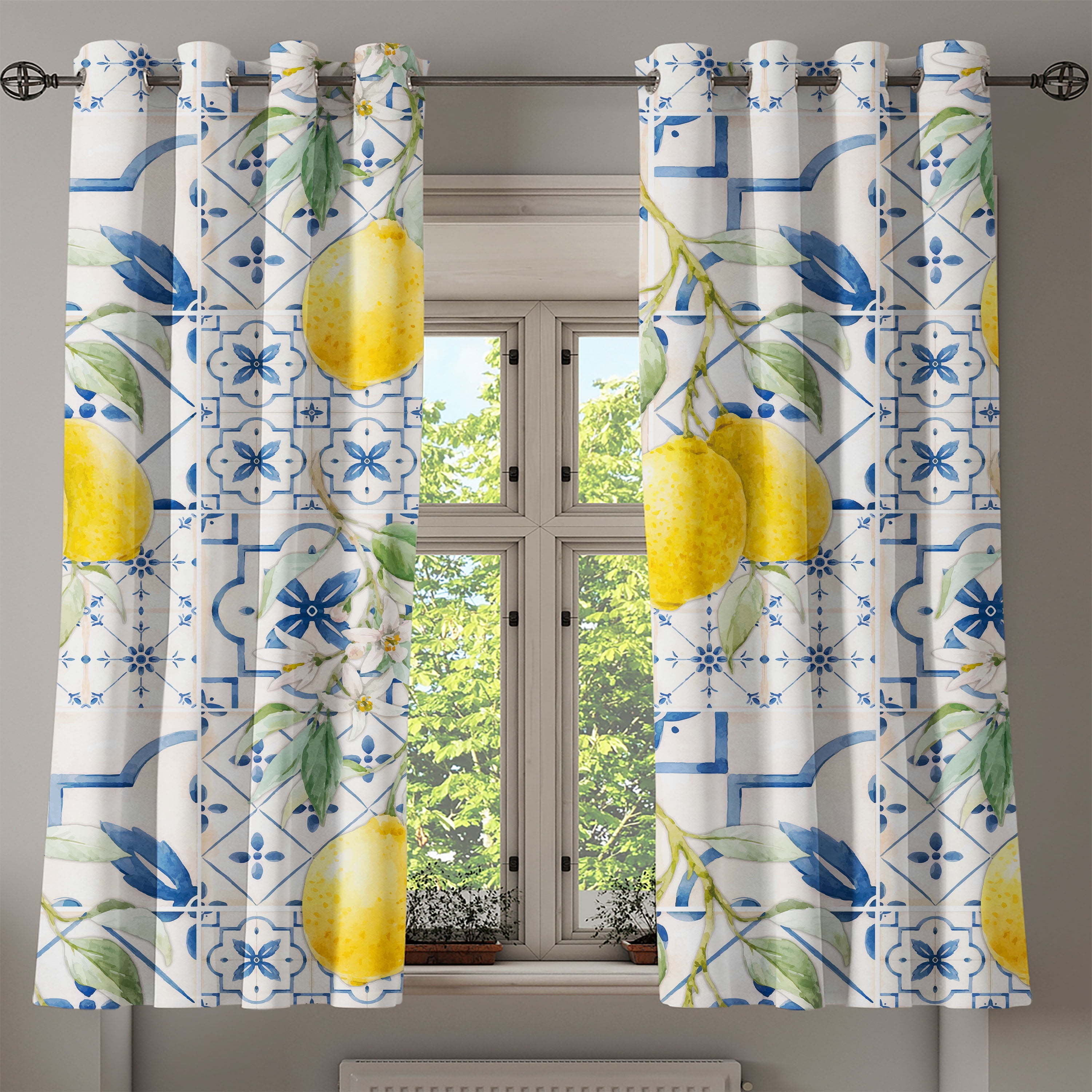 Citrus Grommet Curtain, Lemon Garden Scene with Floral and Leafy ...