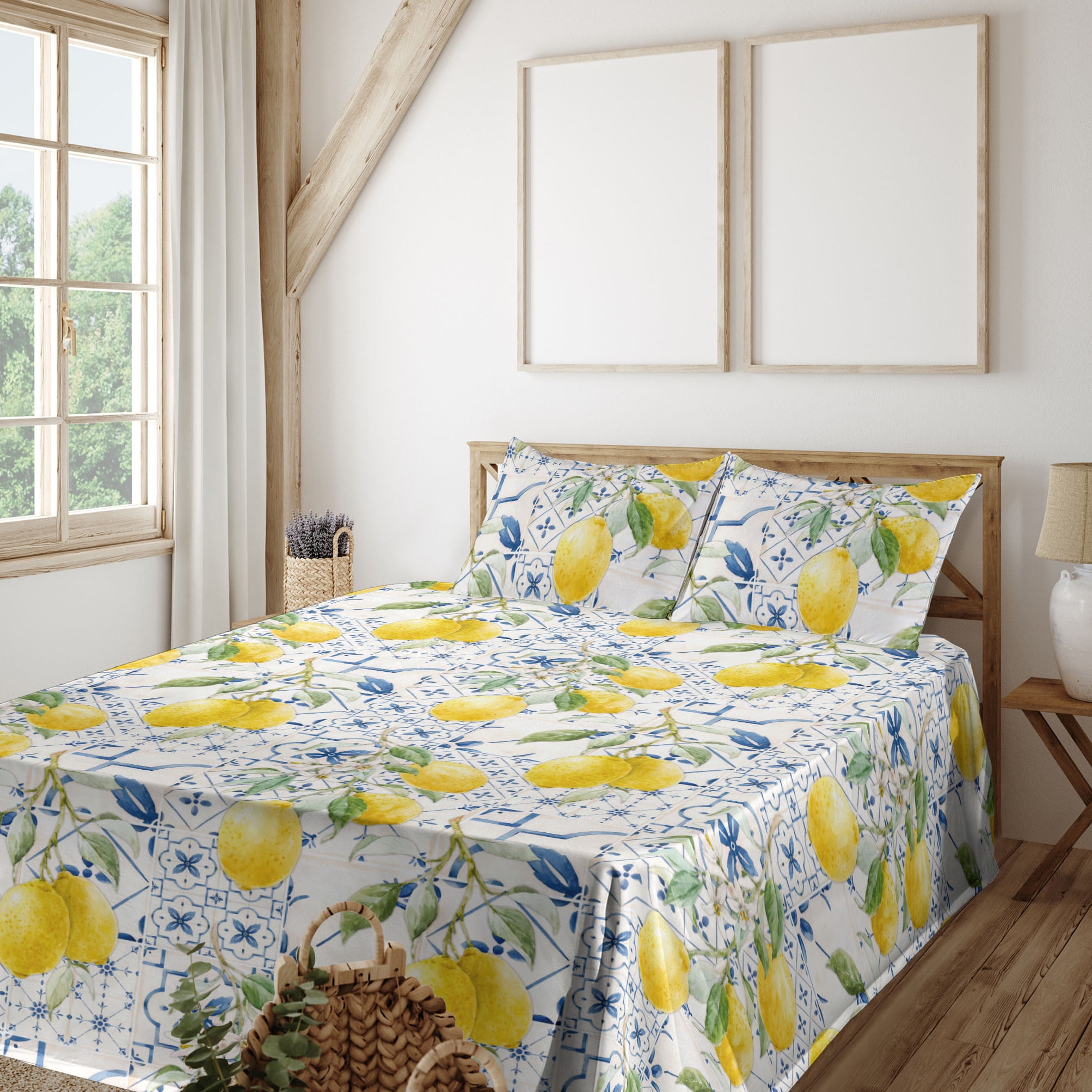 Citrus Sheet Set, Lemon Garden Scene with Floral and Leafy Braches on ...