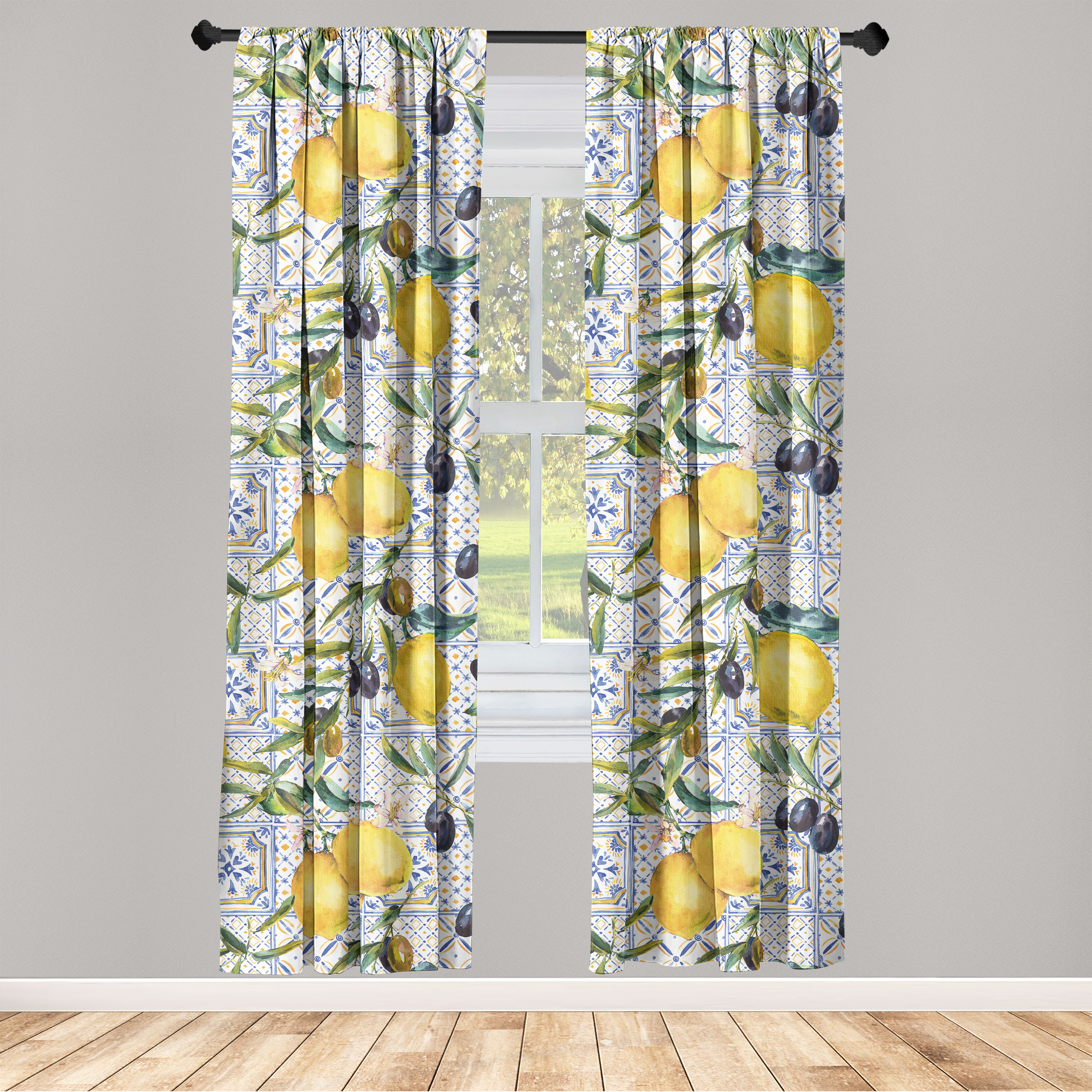 Citrus Window Curtains, Exotic Lemon and Olive Pattern with Leaves on ...