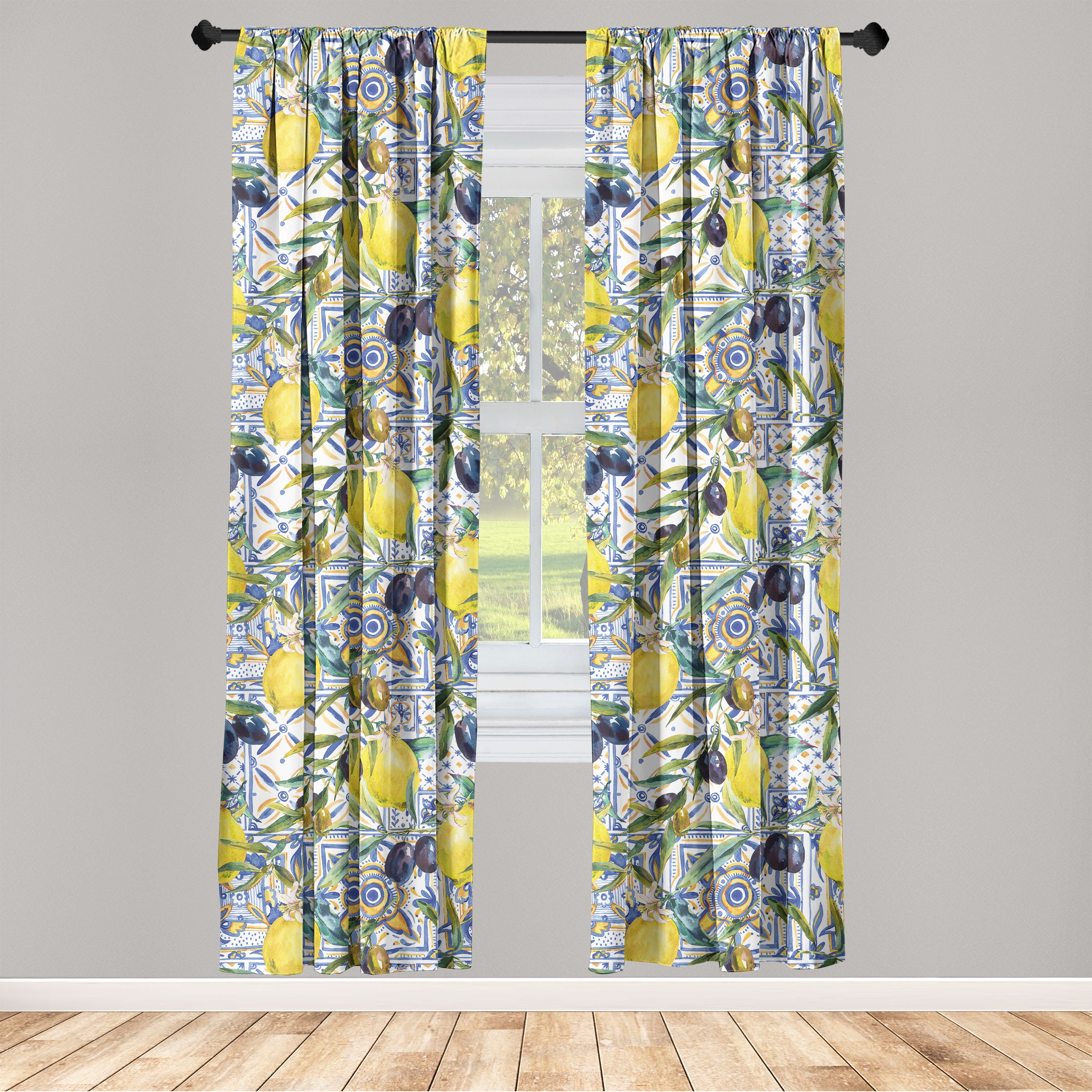 Citrus Window Curtains, Nature Vibes Olive and Lemon Drawings with ...
