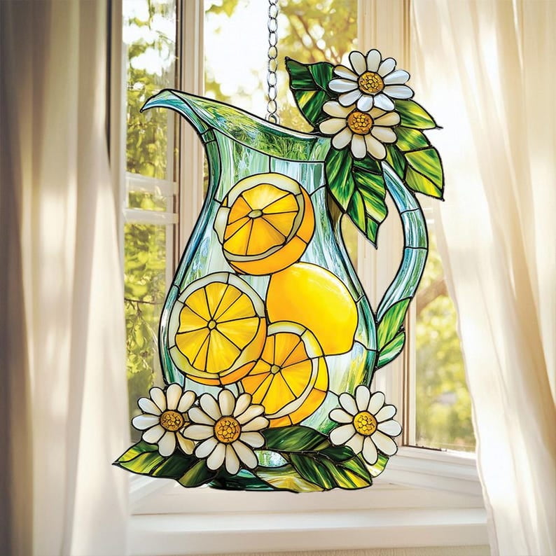 Citrus and Daisy Faux Stained Glass Suncatcher – Lemon Pitcher Acrylic ...