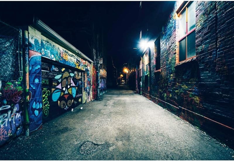 City Alley Night Scene Backdrop Graffiti Brick Wall Cement Road Gloomy ...