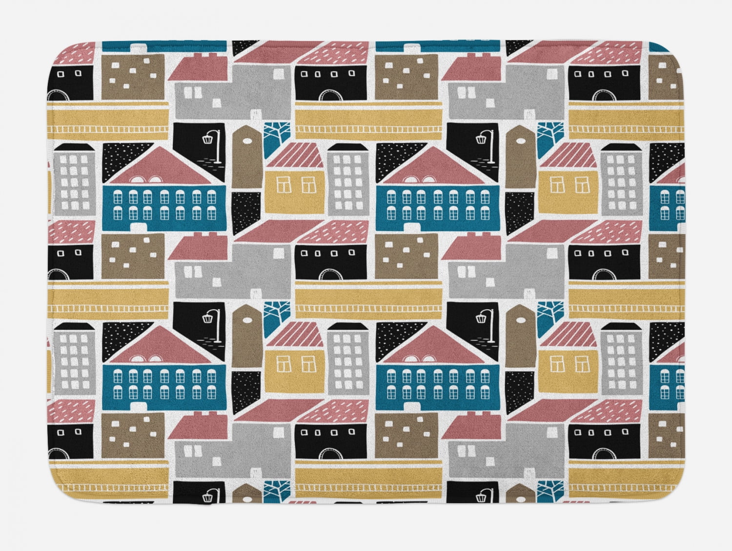 City Bath Mat, Cartoon Animated Pattern of Colorful Scandinavian Old ...